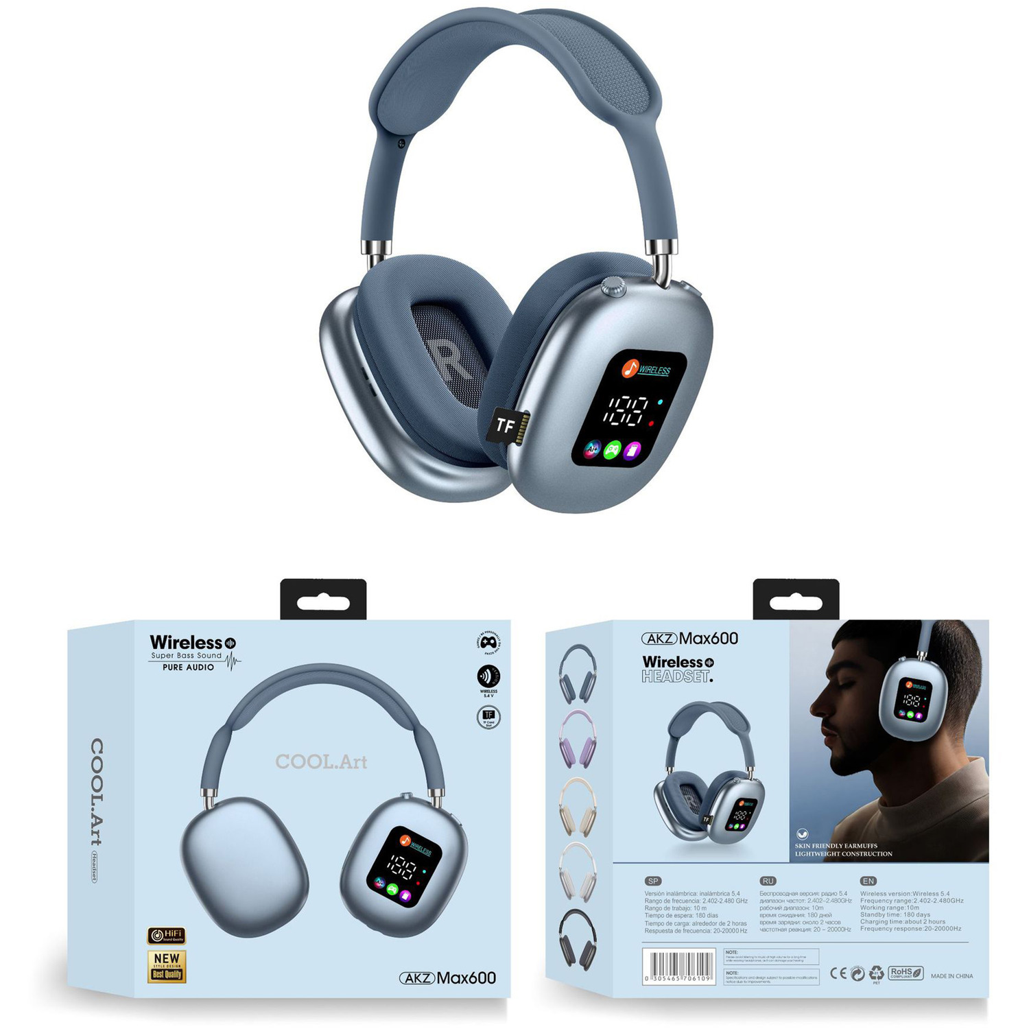 Wireless Head-mounted Bluetooth Headphones with Screen Digital Display