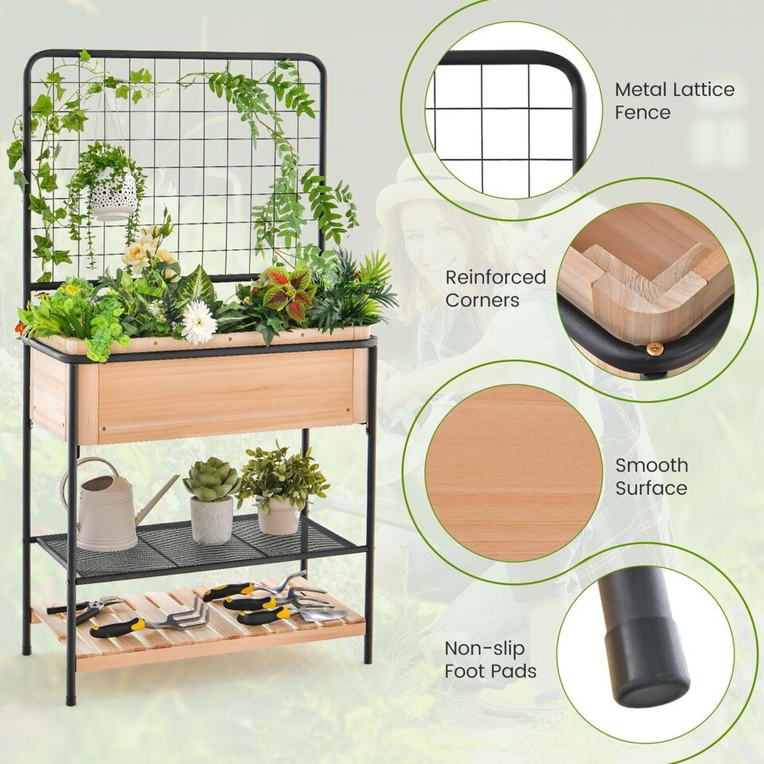 Wooden Elevated Planter Box with Removable Grid Divider