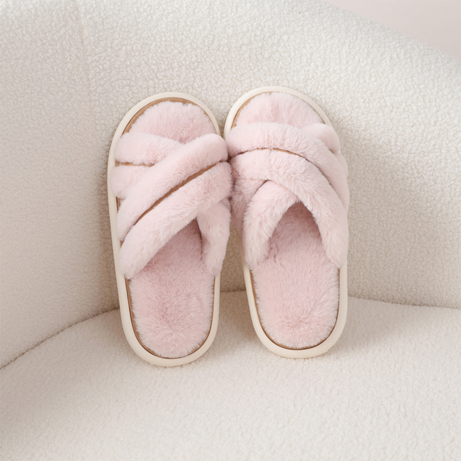 Winter Fuzzy Open Toe Cross-Band Slippers