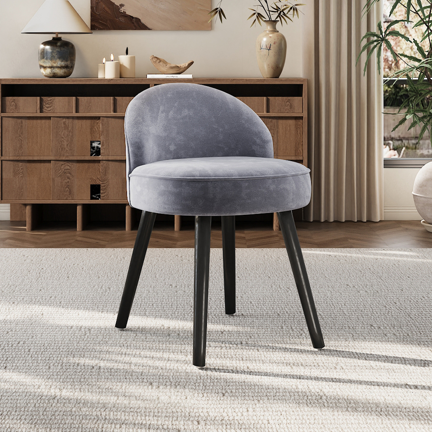 Velvet Upholstered Dressing Table Stool with Wood Legs