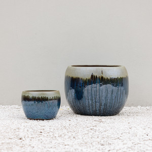 Glazed Round Outdoor Clay Planter in Two Tone Blue and Gold