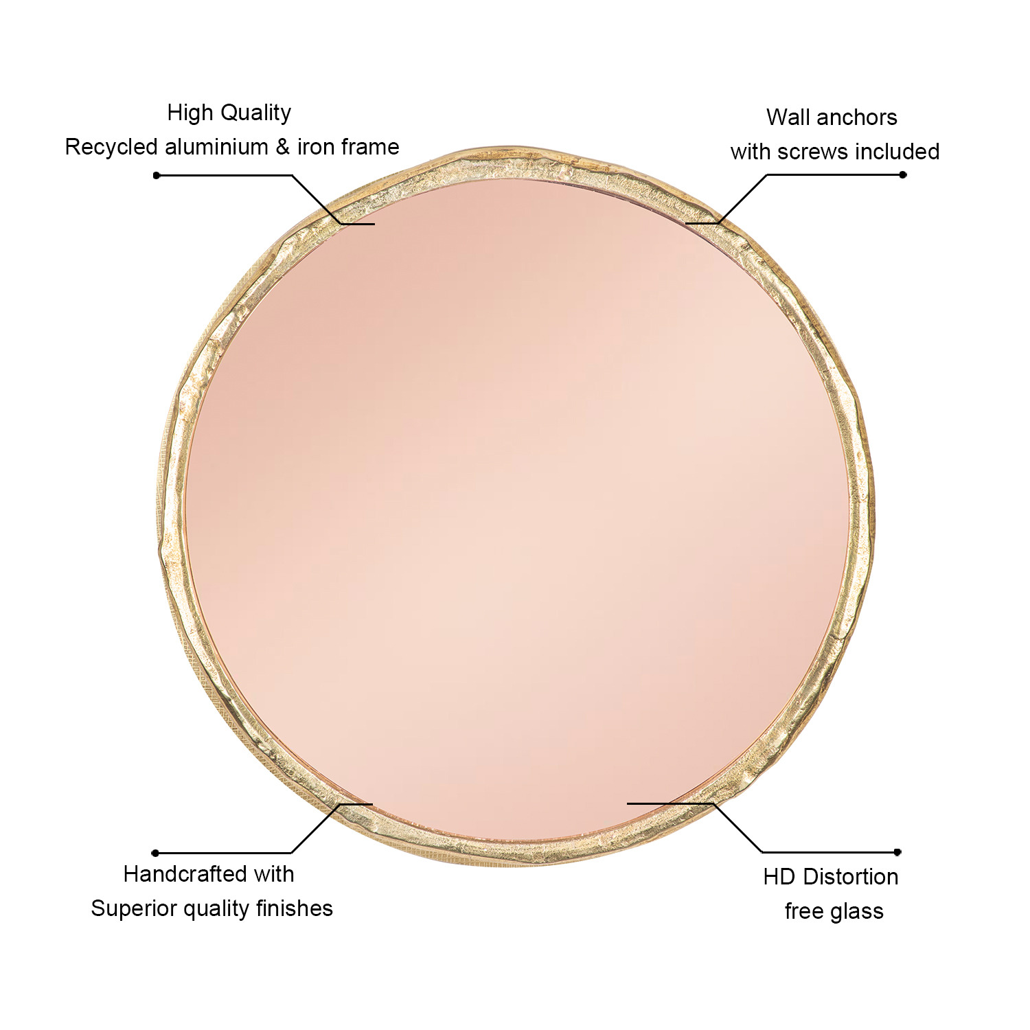 Zenith Organic Wall Mirror With Pink glass Metal Frame, Brass, 61cm Round.