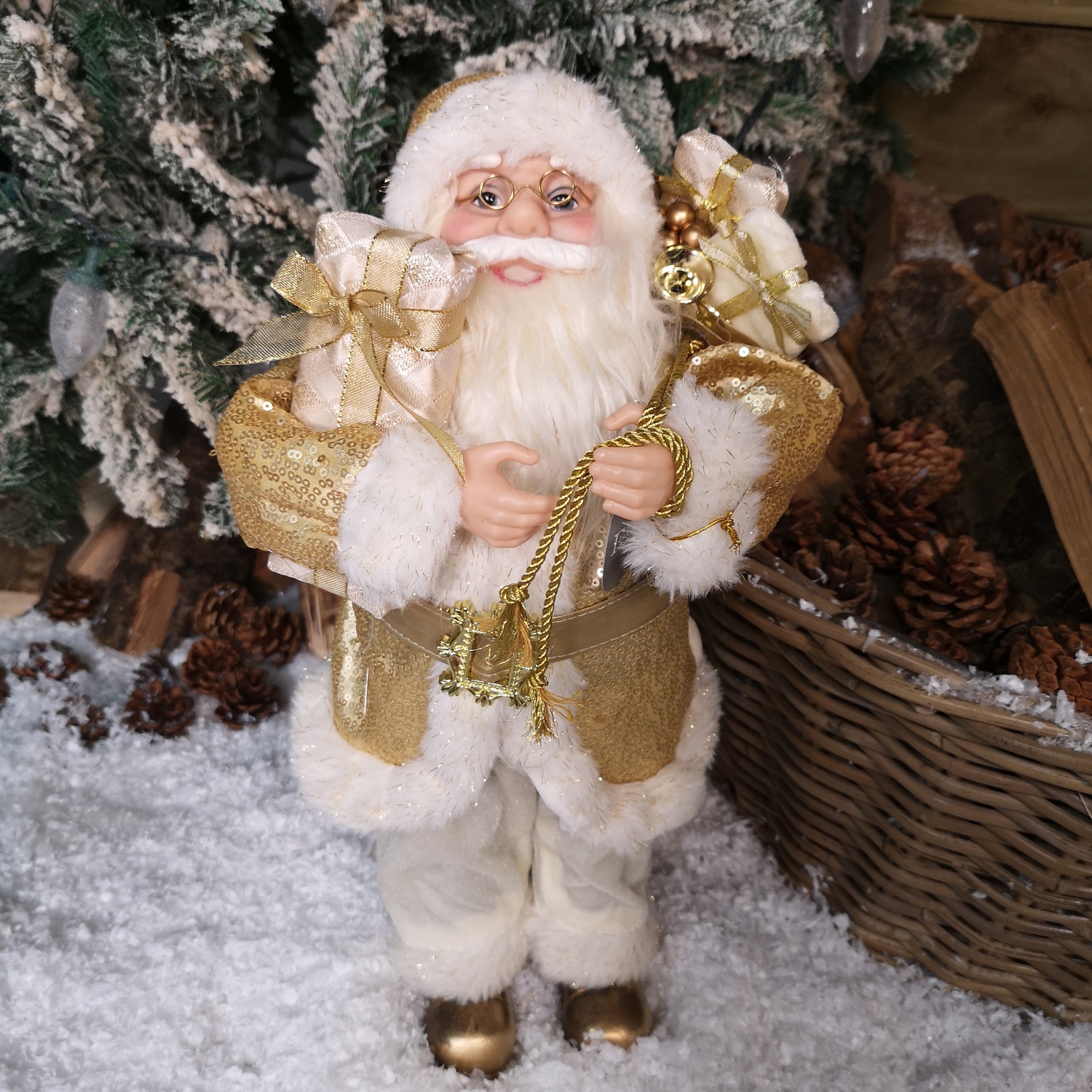 Standing Santa Christmas Decoration in White and Gold Suit with Gifts