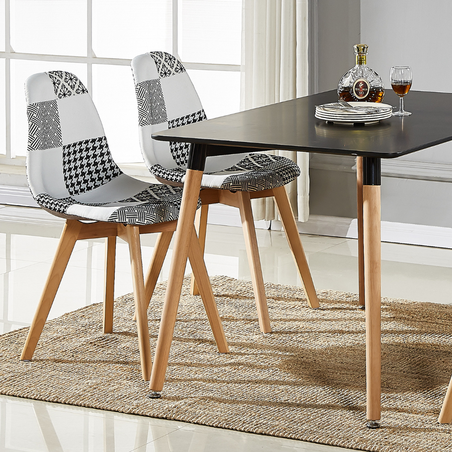 Set of 2 Chrono Patchwork Dining Chair for Dining Room Black and White