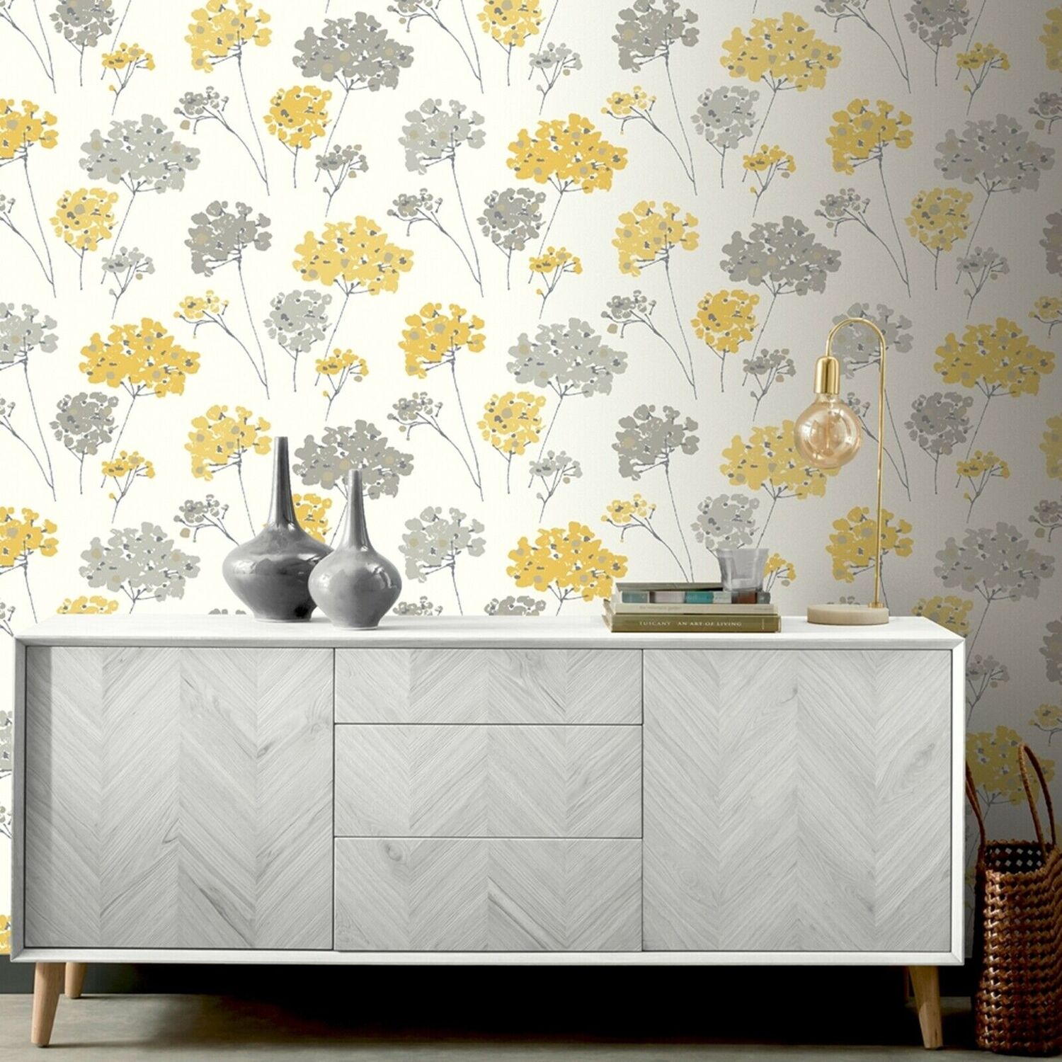 Arthouse Mustard Yellow Grey Metallic Silver White Floral Flower ...
