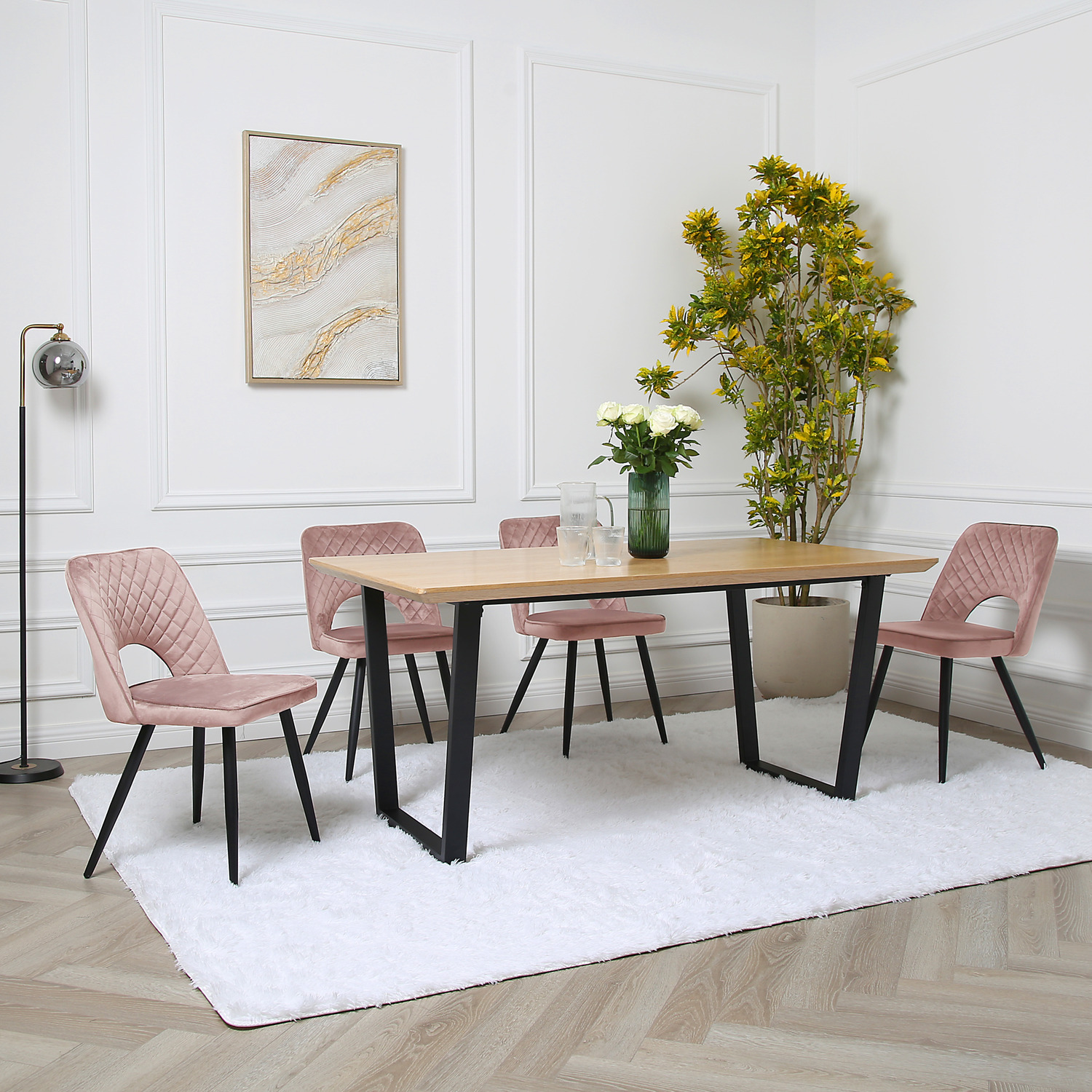 Oak Dining Table Set with 4 Metis Velvet Chairs