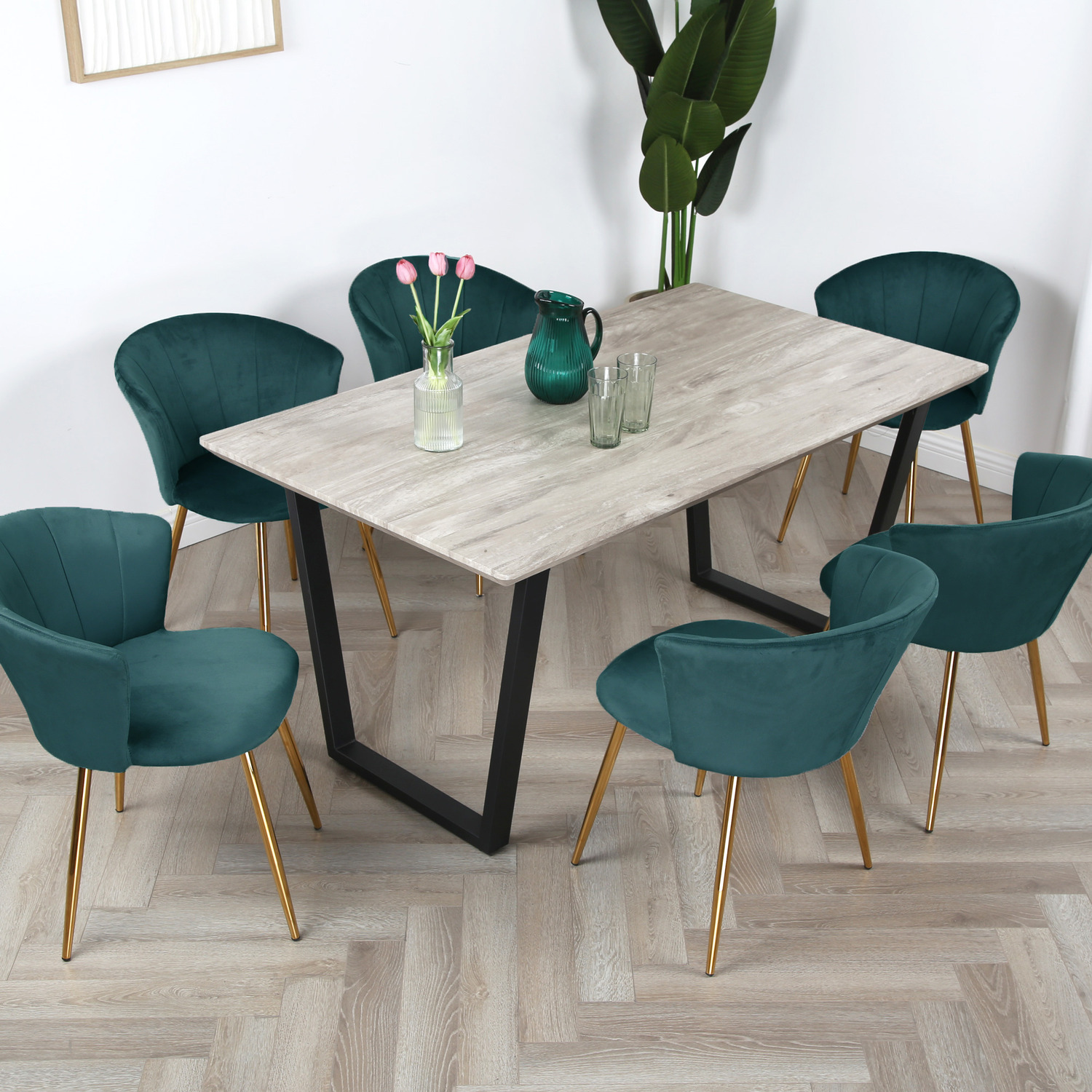 Wood-effect Dining Table Set with 6 Mill Velvet Chairs