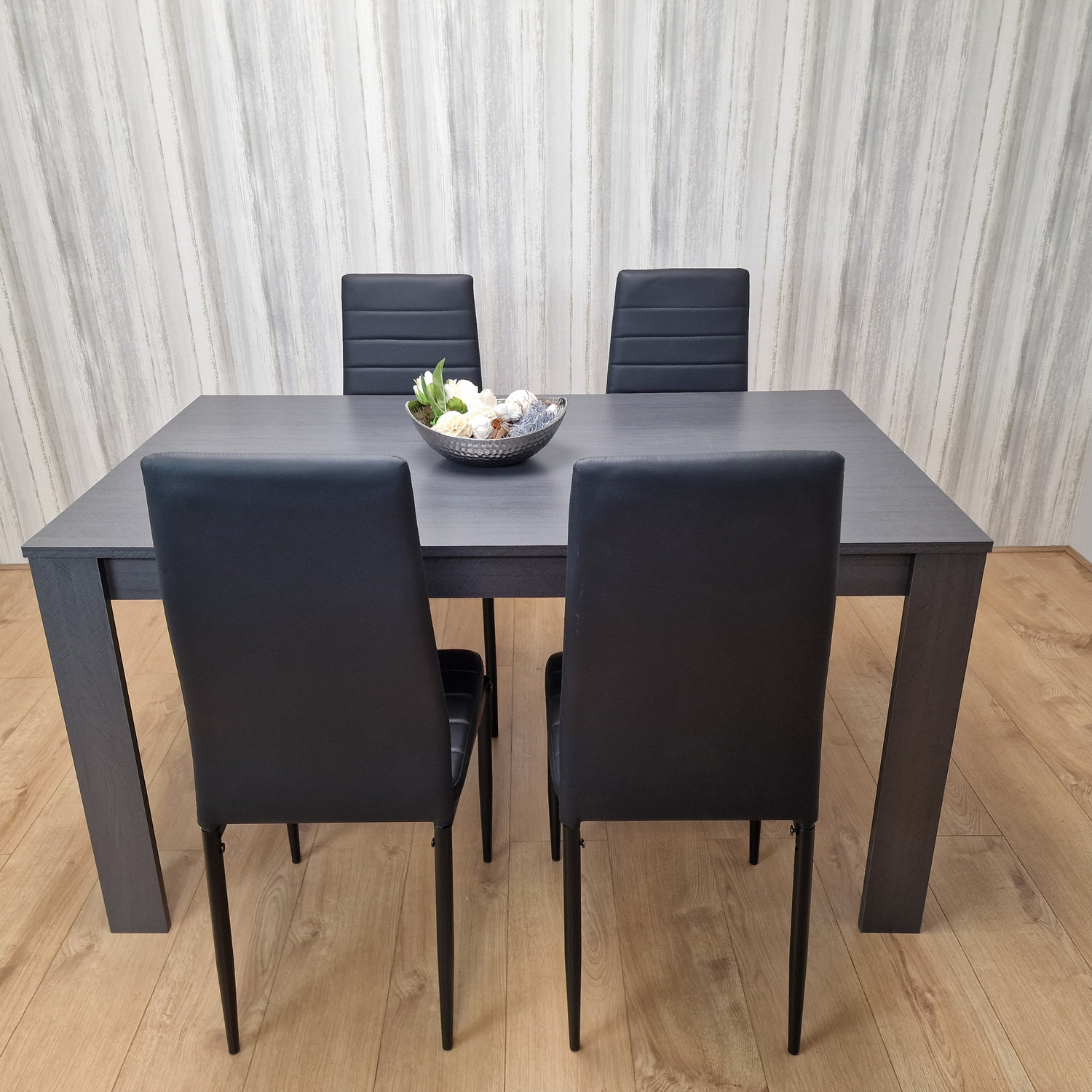 Dark Grey Dinning Table Set With 4 Black Faux Leather Chairs