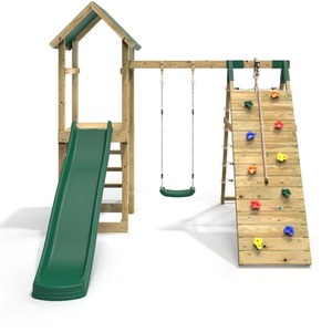 Wooden Climbing Frame with Swing, Up-and-Over Climbing Wall and Slide ...
