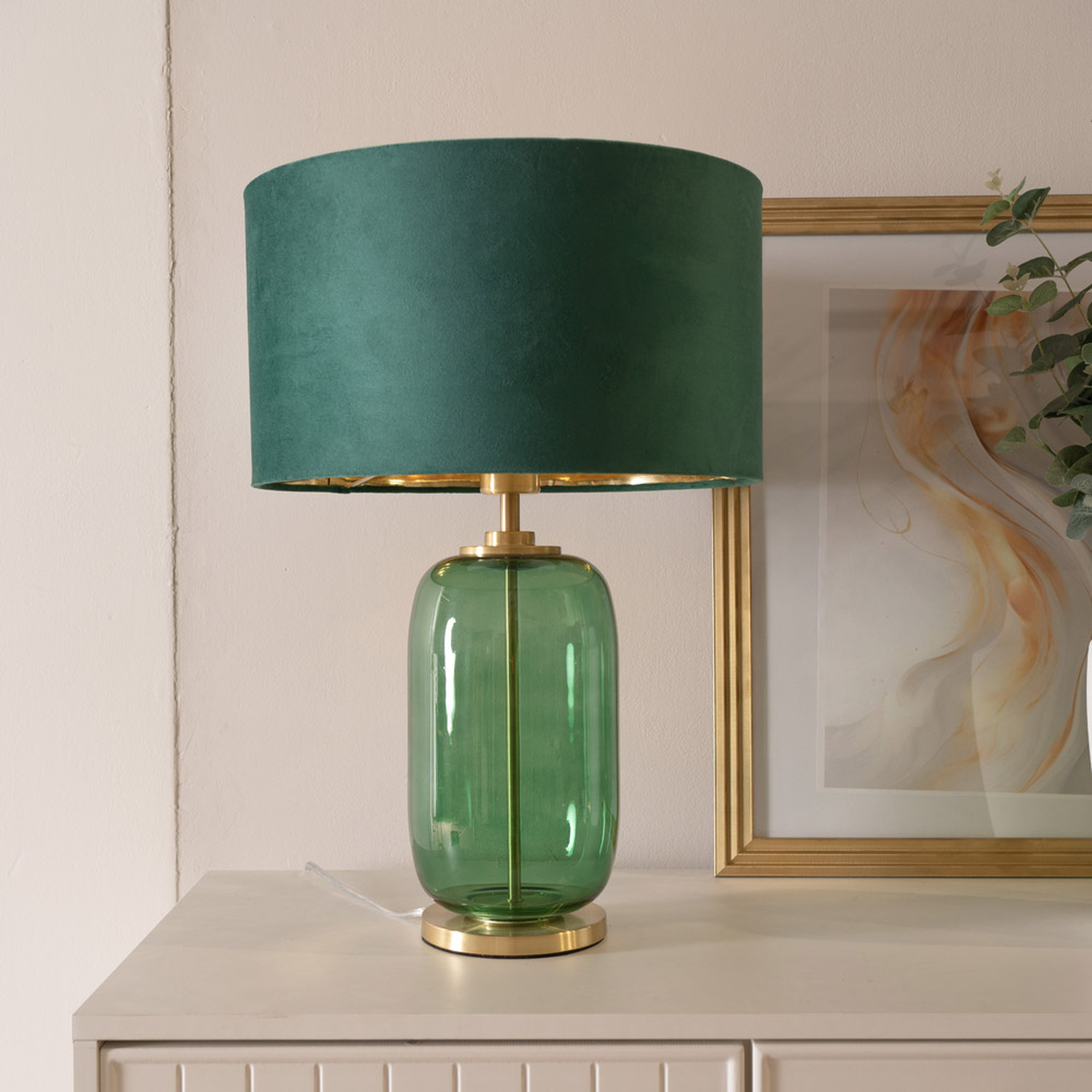 Leigh Forest Green Glass Table Lamp with Green Velvet and Gold Inner Shade