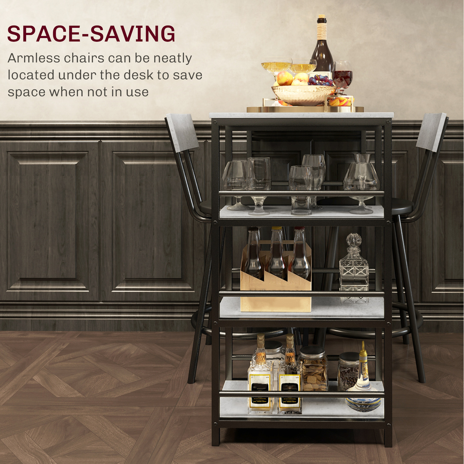 HOMCOM 3 Piece Breakfast Bar Table Set with Shelves Space Saving