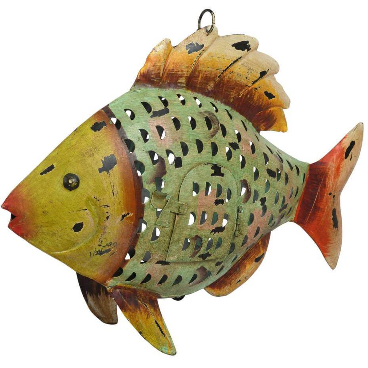 Verdigris Patina Fish Tea Light Holder - Recycled Iron Hanging Garden ...