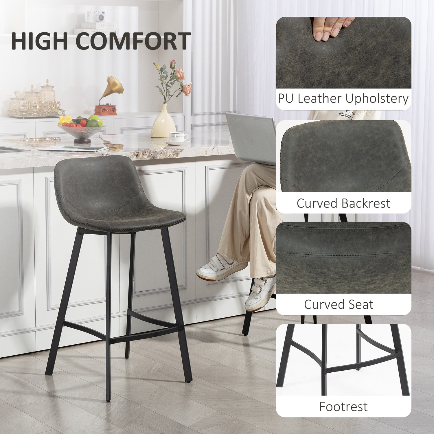HOMCOM PU Leather Bar Stools Set of 2 with Back, Footrest