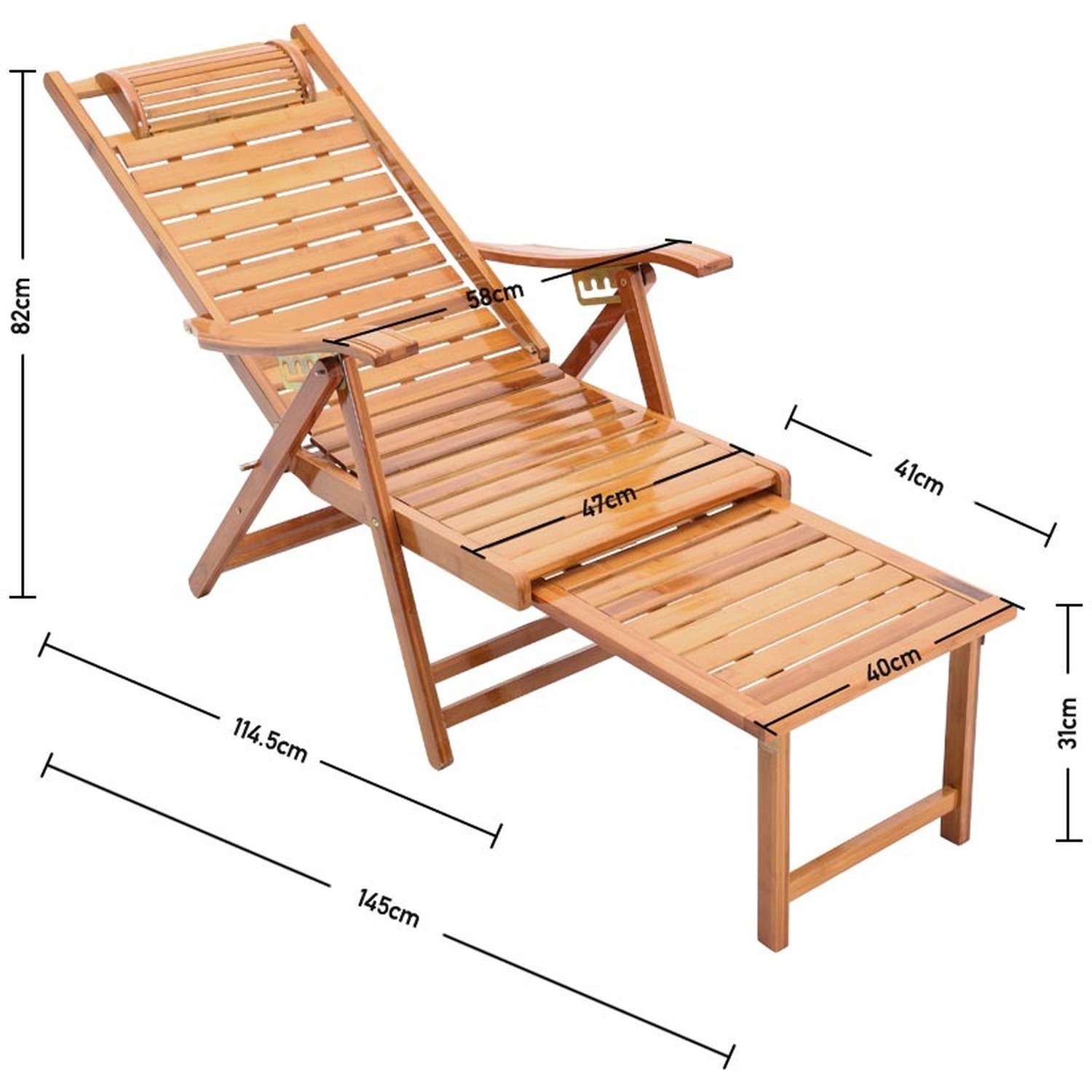 Bamboo Foldable Recliner Lounge Chair with Retractable Footrest