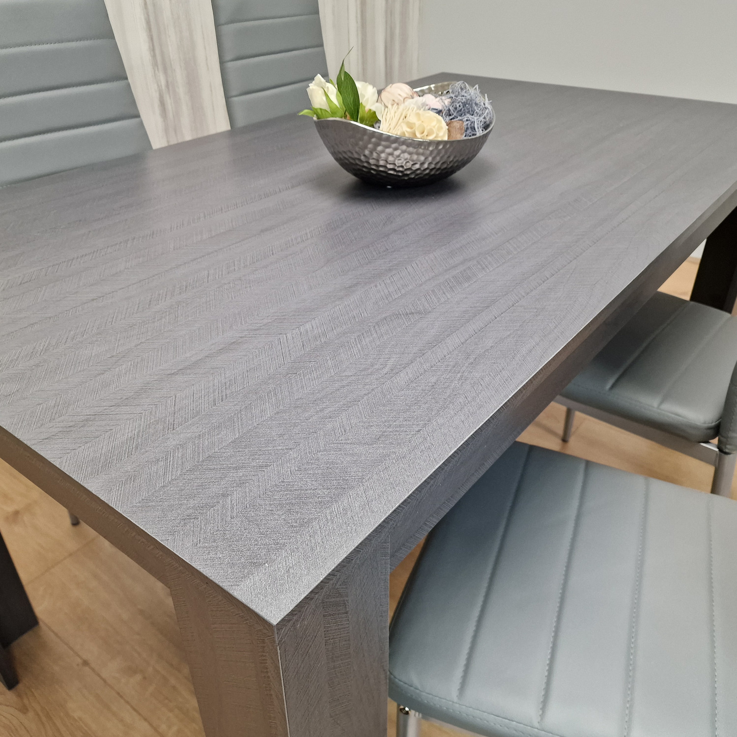 Dark Grey Dining Table Set with 4 Grey Faux Leather Chairs