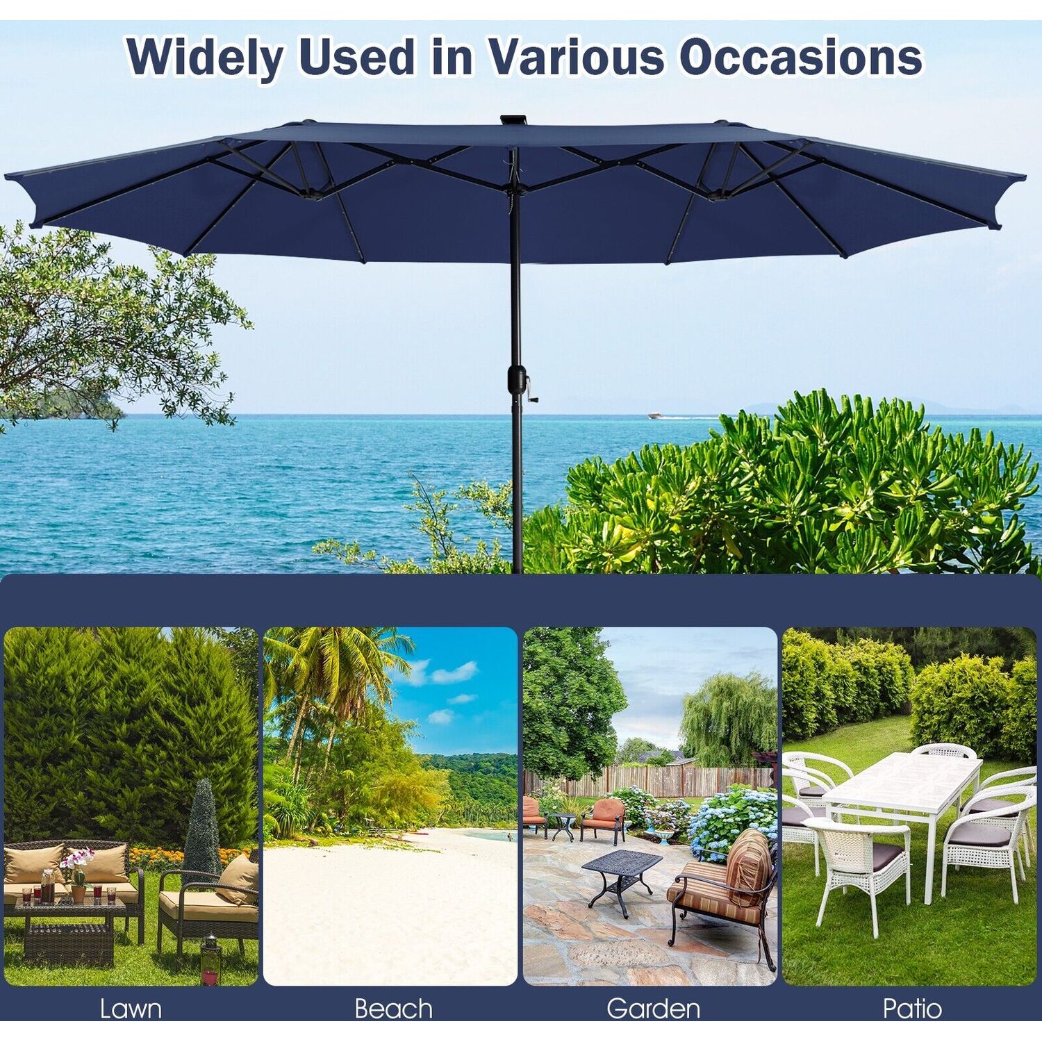 Outdoor Parasol Extra Large Sun Umbrella with 48 Solar LED Lights