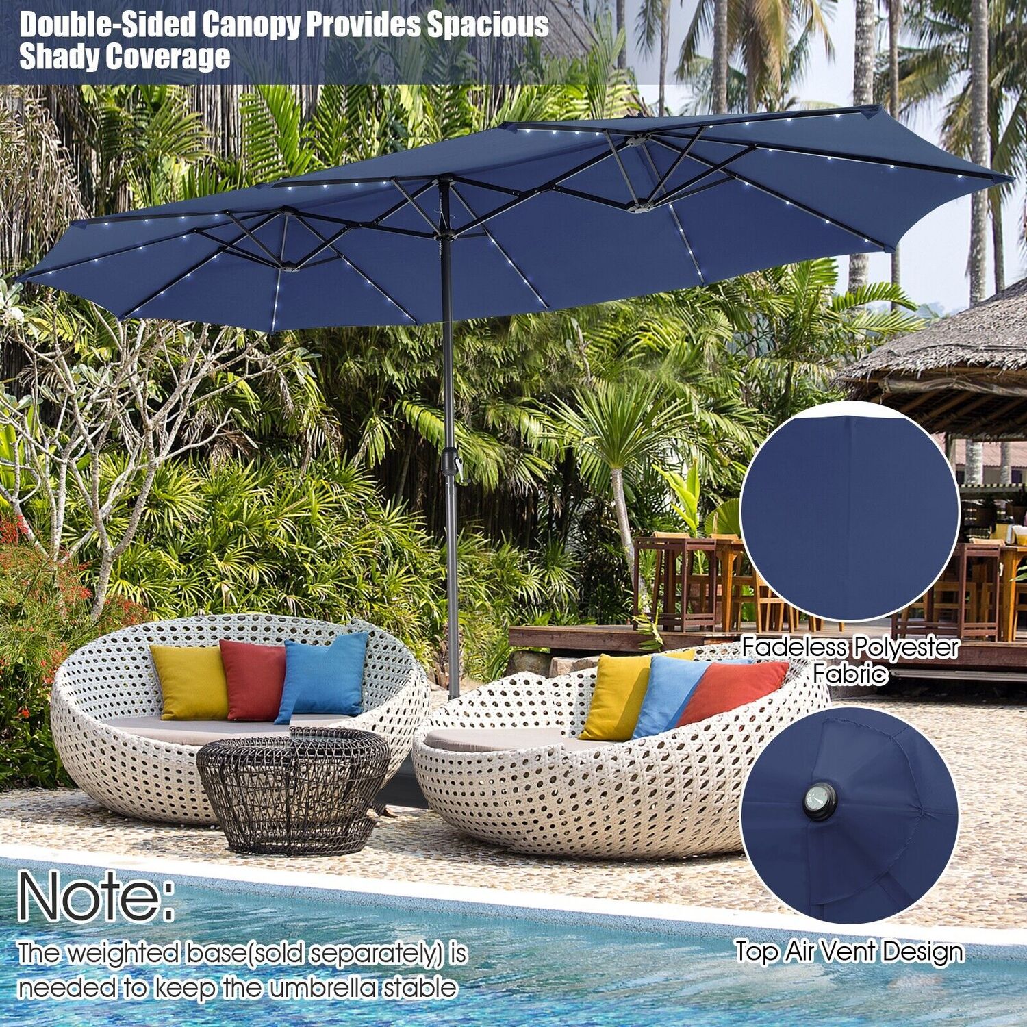 Outdoor Parasol Extra Large Sun Umbrella with 48 Solar LED Lights