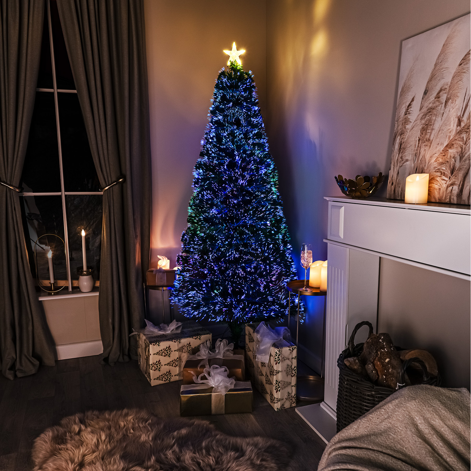 7ft Green Pin Prick Xmas Tree with Multi Coloured Fibre Optic Lights
