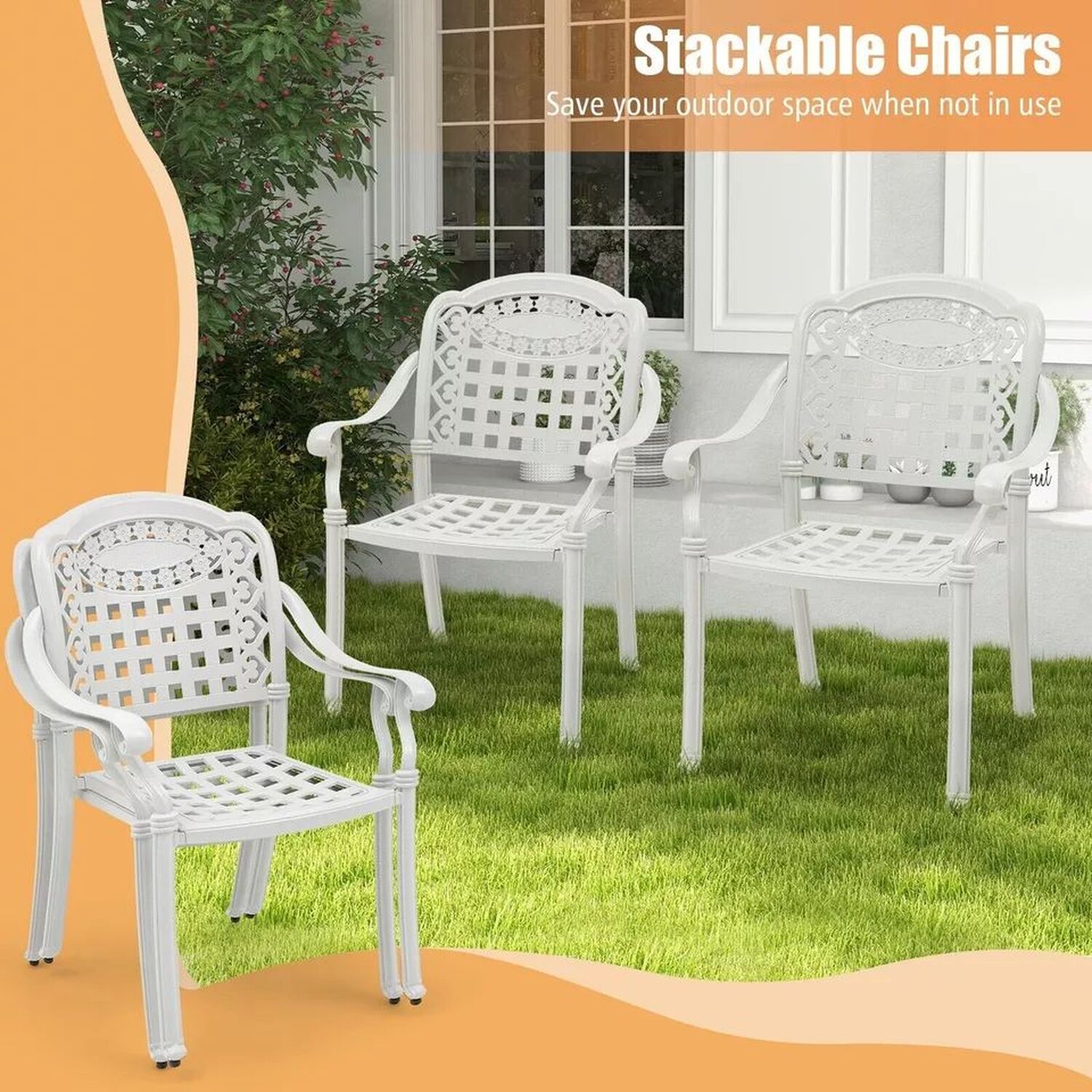 Set of 2 Cast Aluminum Patio Chairs Stackable