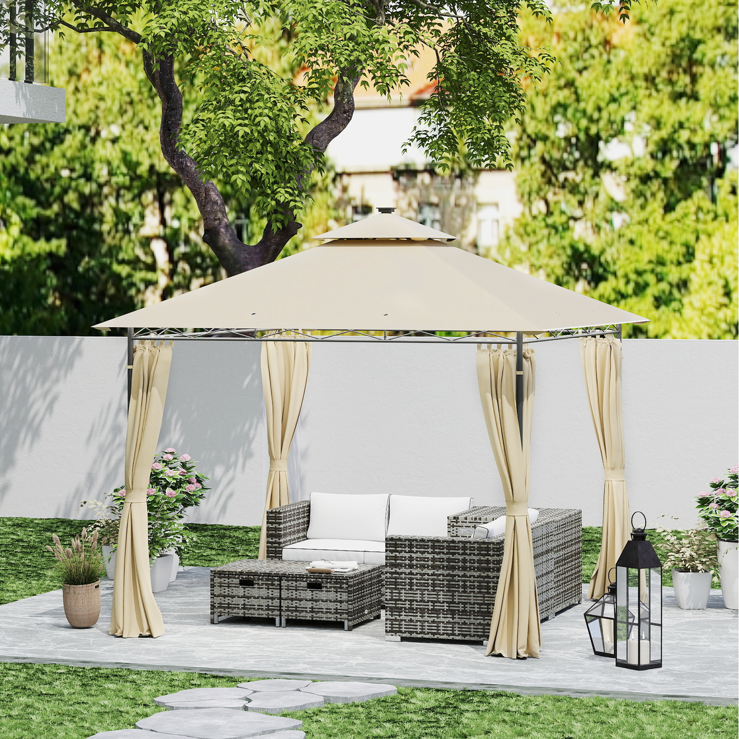 Outsunny 3 x 3 m Double Roof Garden Gazebo with Curtains