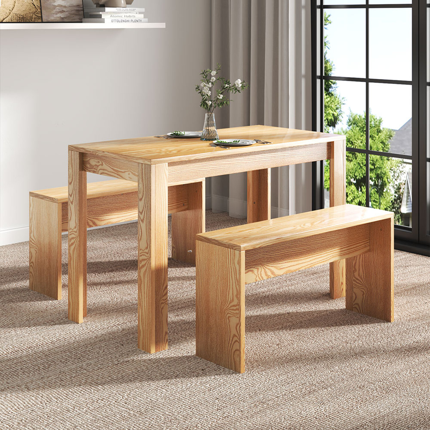 3 Piece Contemporary Dining Table and Bench Set
