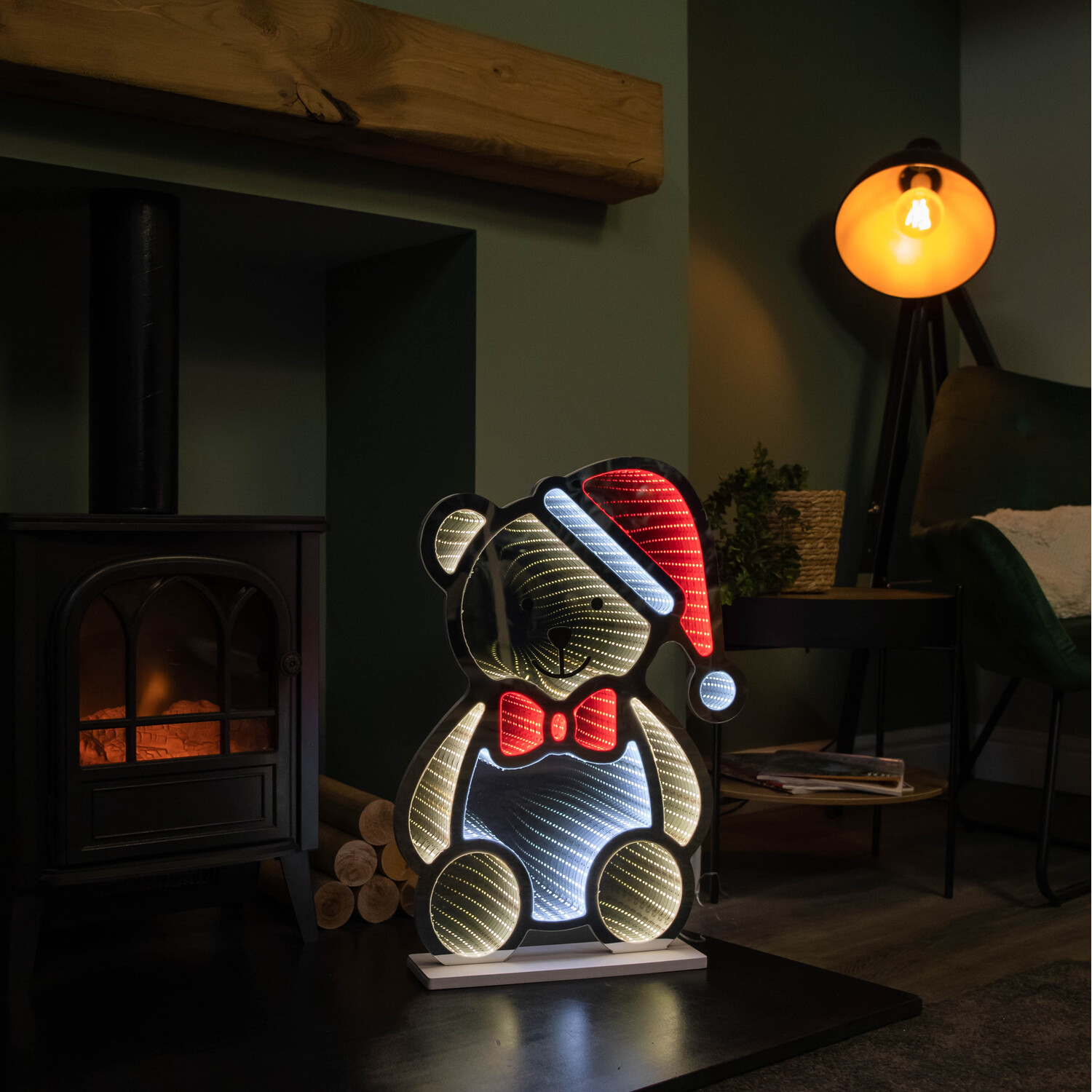 Teddy Bear in Santa Hat Christmas Infinity Decoration with LEDs