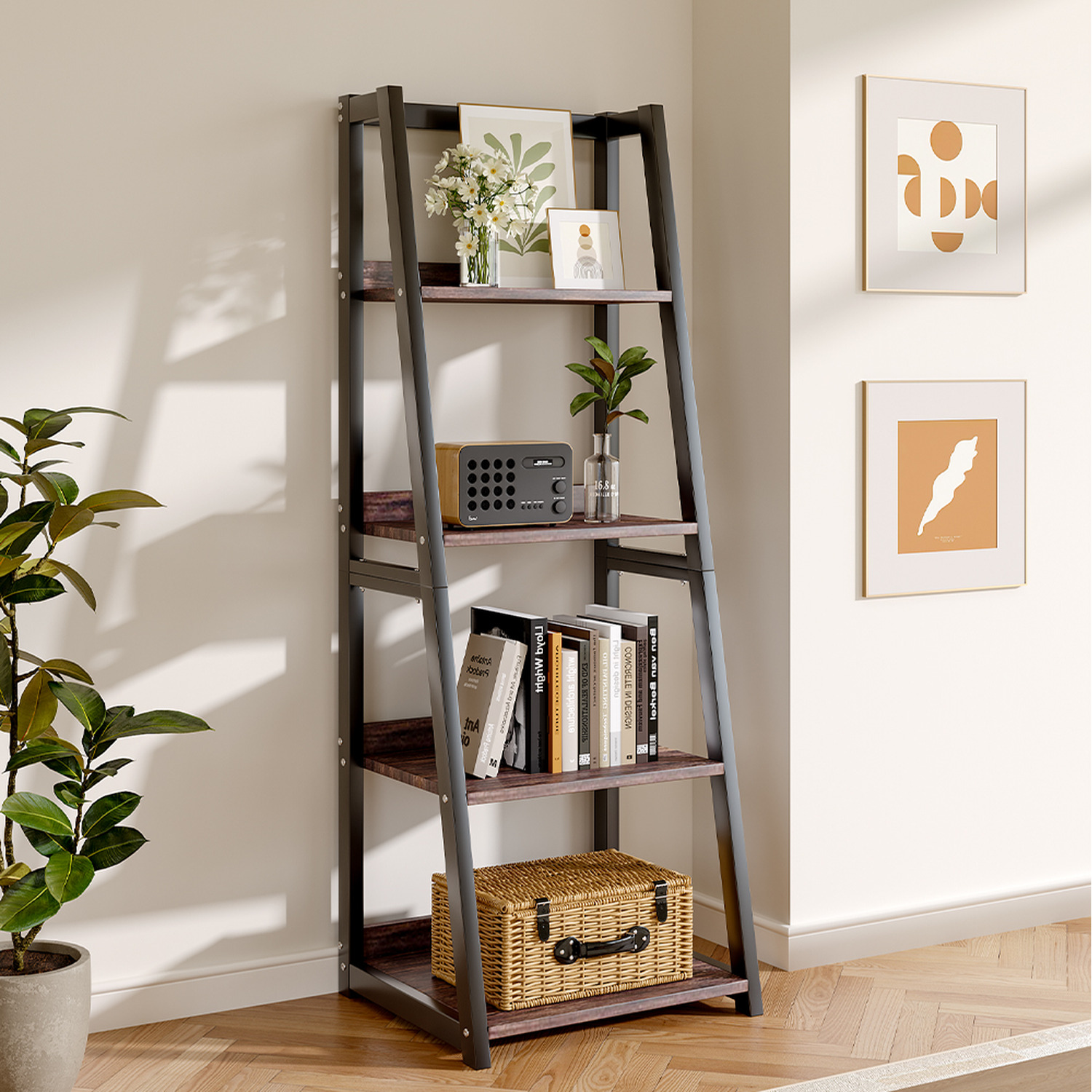 Open-Style Ladder Bookshelf with Trapezoid Design
