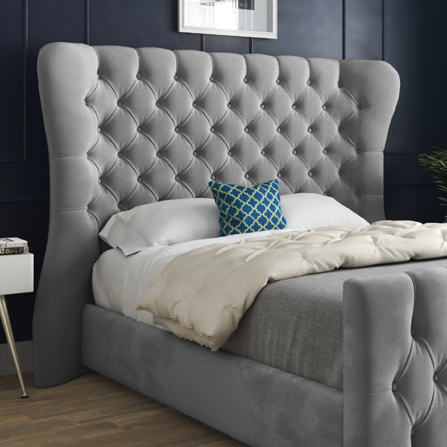 Lika Soft Velvet Upholstered Wide Curved Winged Bed Frame