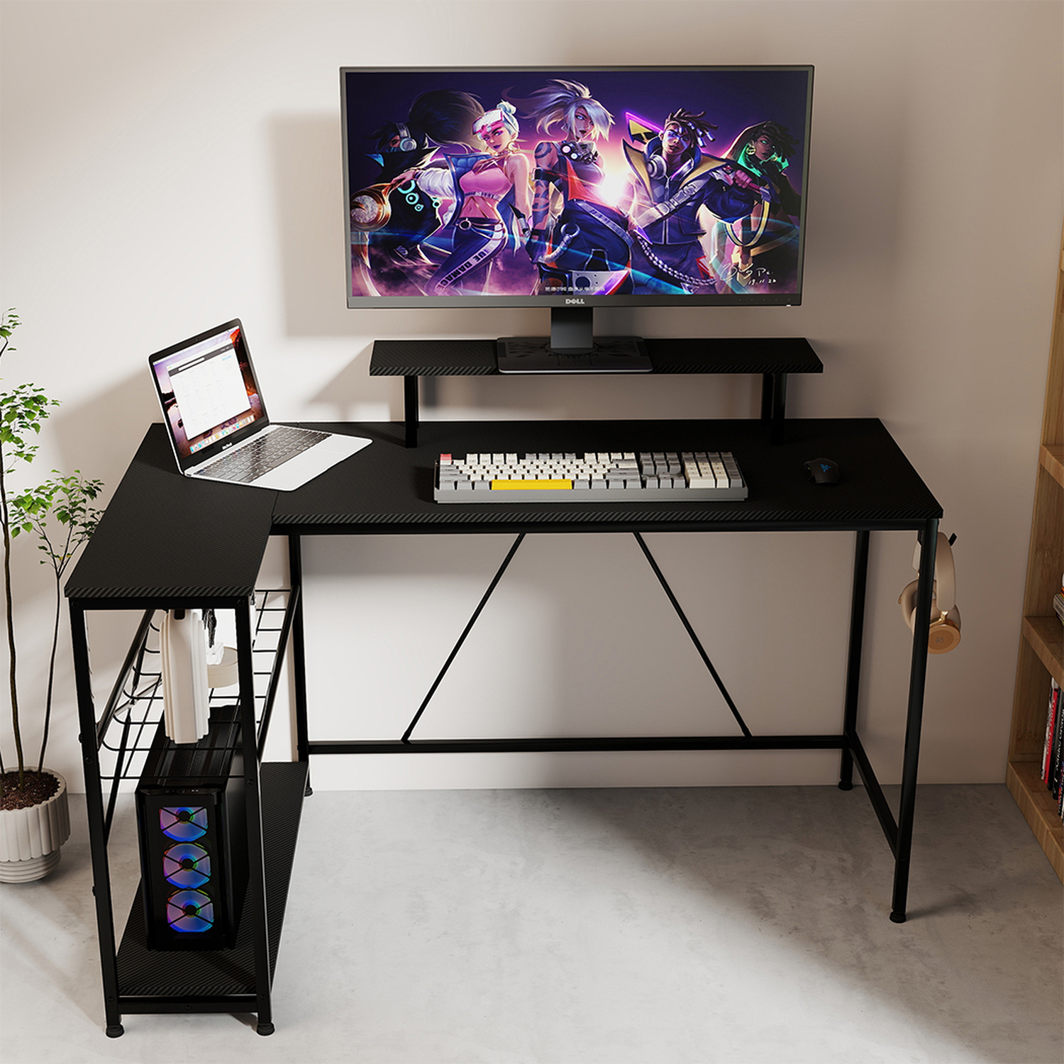 L-Shaped Gaming Desk Low Shelf with RGB Lights and Power Outlets