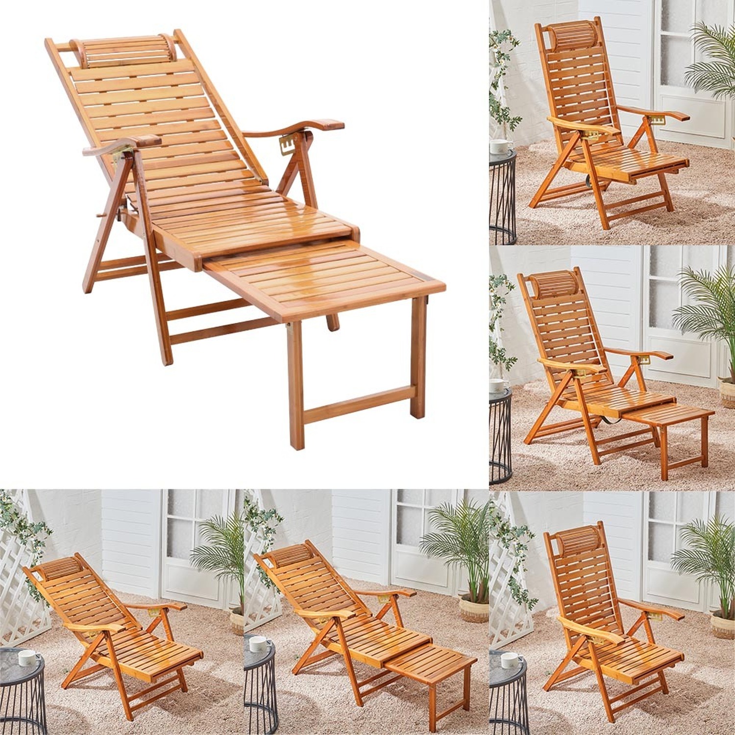 Bamboo Foldable Recliner Lounge Chair with Retractable Footrest