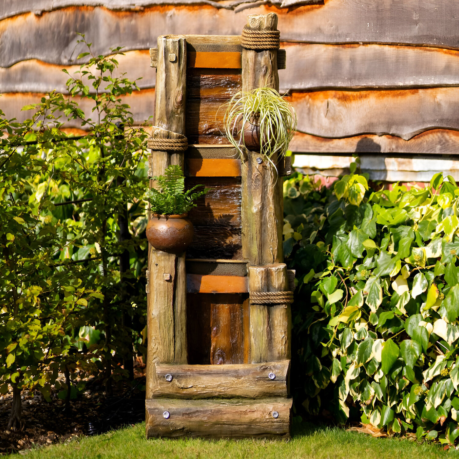 Log Falls Bowl Cascading Water Feature and Planter with Lights