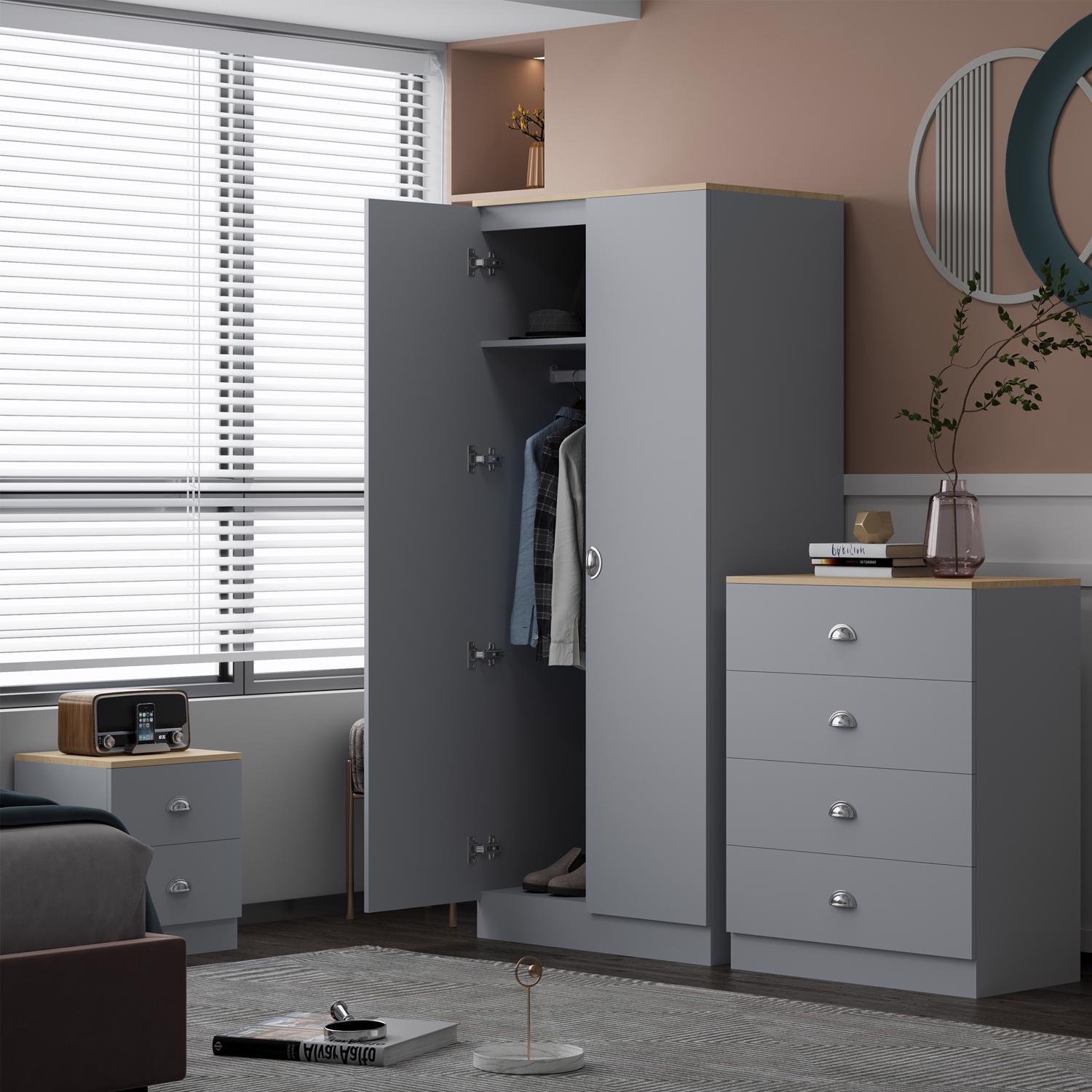 FWStyle 2 Door Double Wardrobe Matt Grey Oak Top