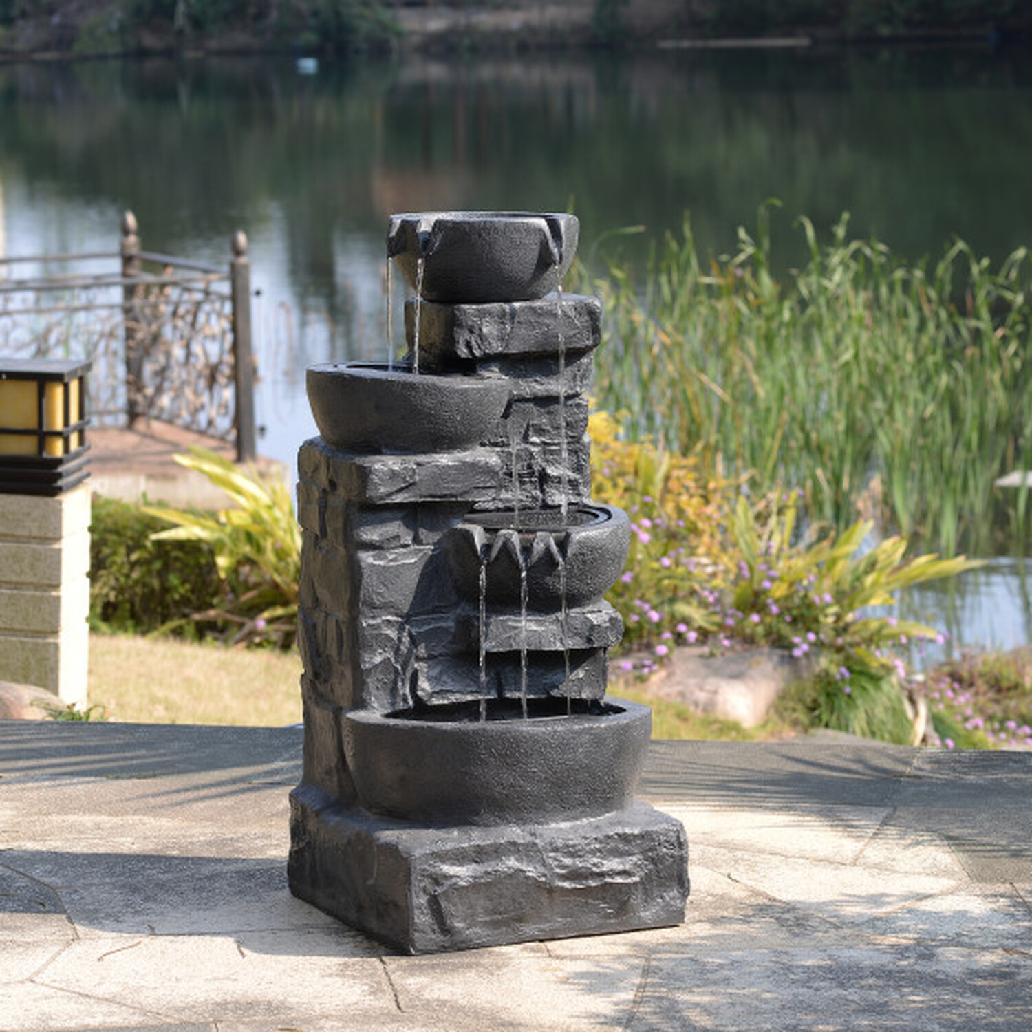 Outdoor Garden 3-Tier Cascading Bowls Water Fountain with LED Lights ...