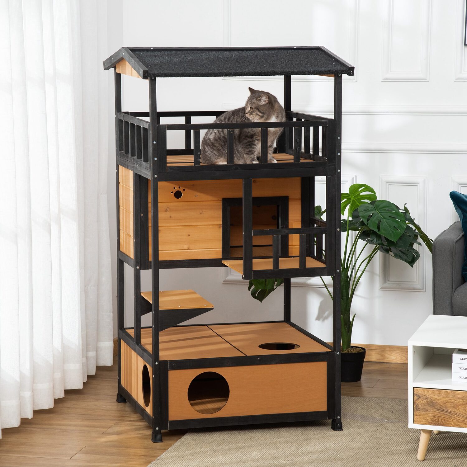 Wooden Outdoor Cat House 3-Tier Kitten Shelter Lodge with Terrace