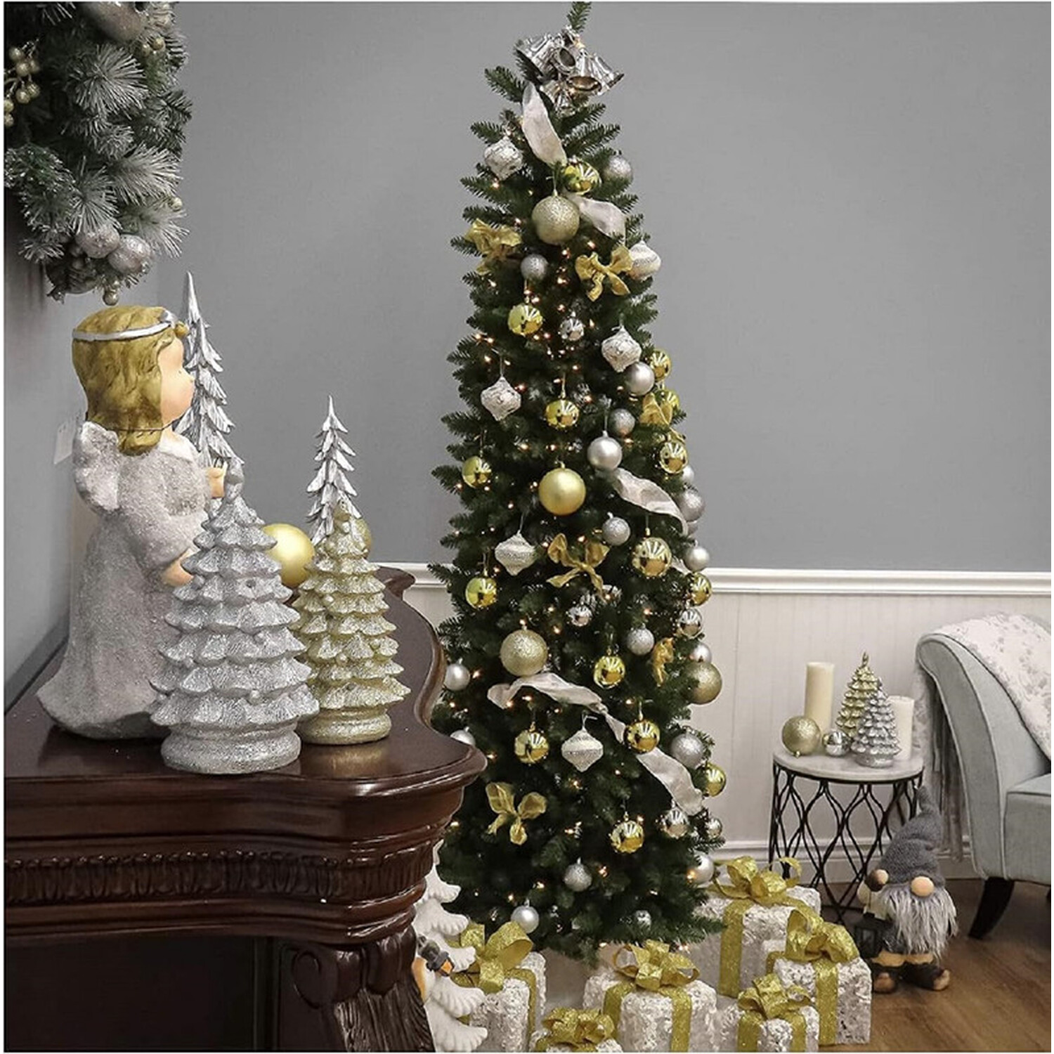 Green Pencil Slim Artificial Christmas Tree with Solid Metal Stand