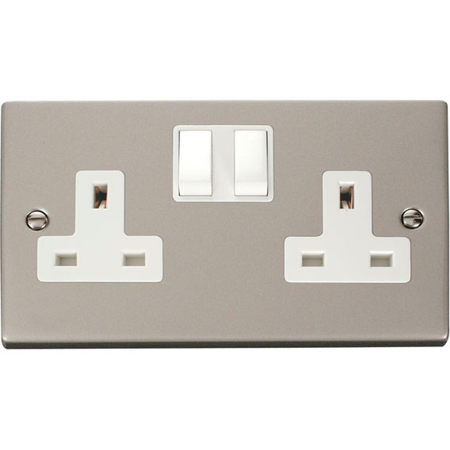 Pearl Nickel 2 Gang 13A Twin Double Switched Plug Socket