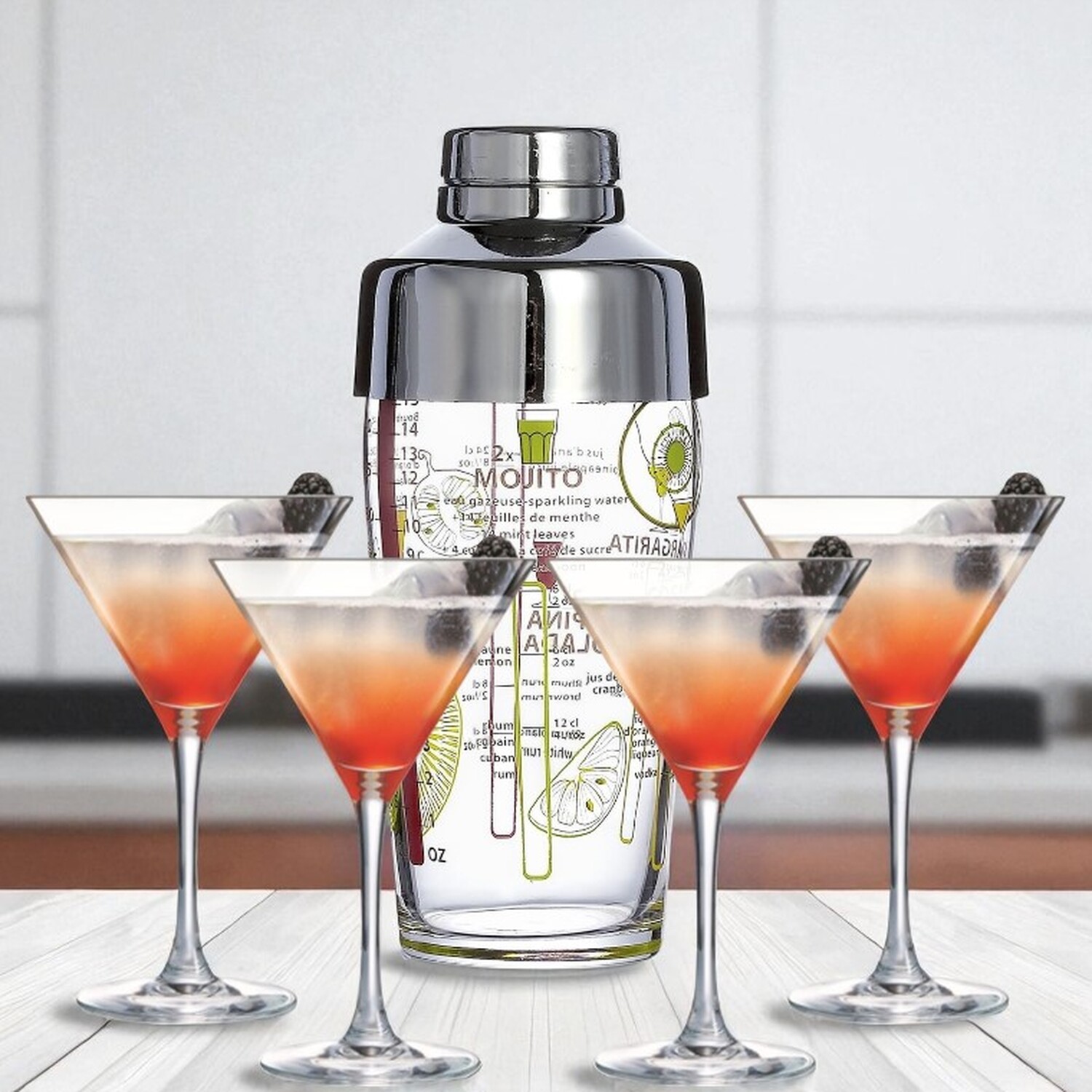 5pc Cocktail Shaker Set 4 Martini Glasses 30cl and Glass Shaker 58.5cl