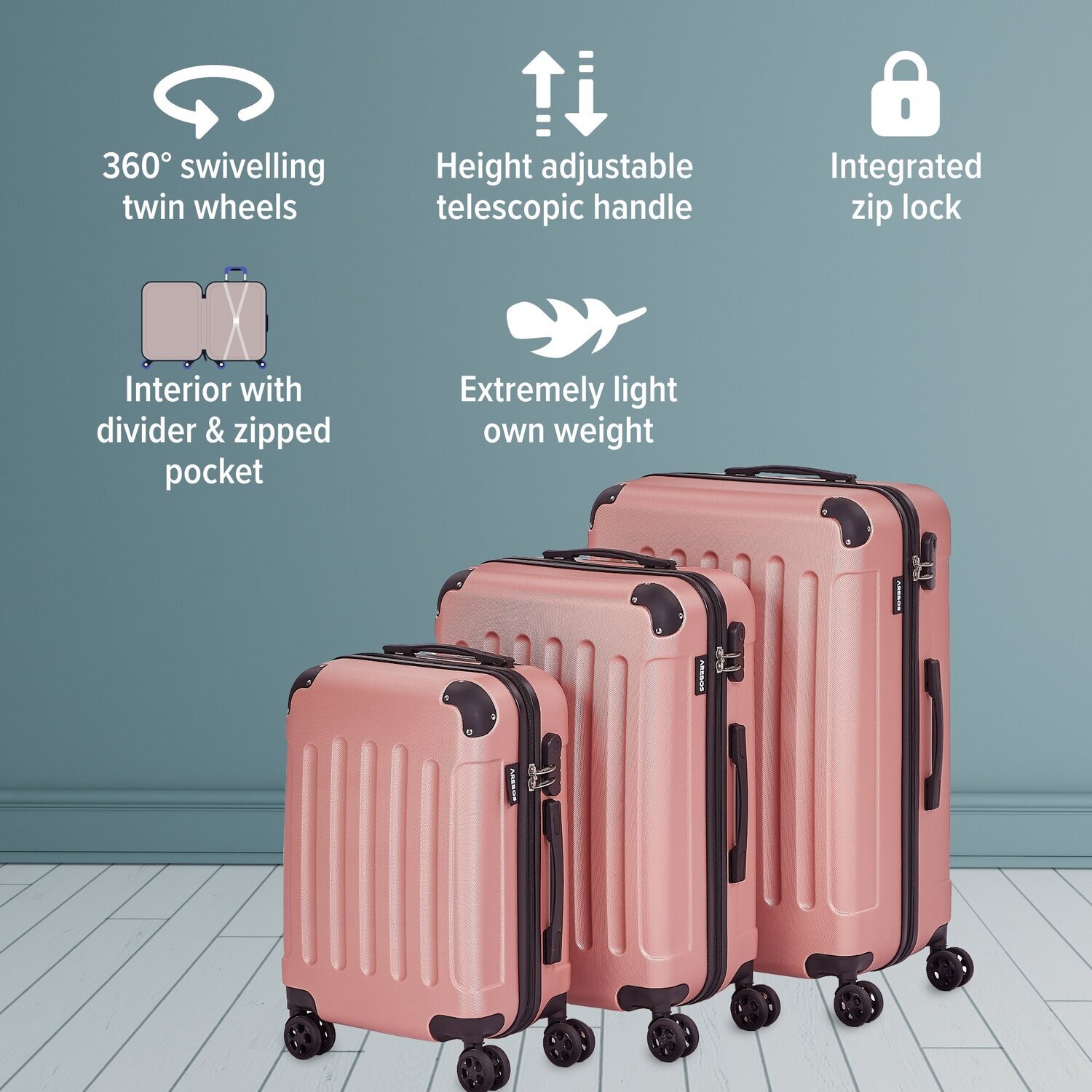 Set of 3 ABS Hard Shell Travel Suitcases With Telescopic Handle