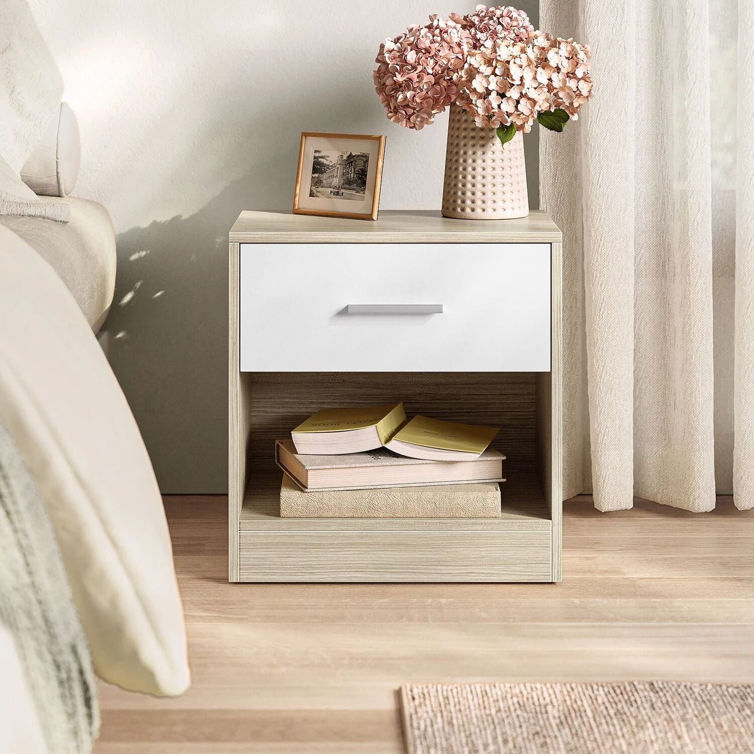 Bedside Table with Drawer and Open Compartment
