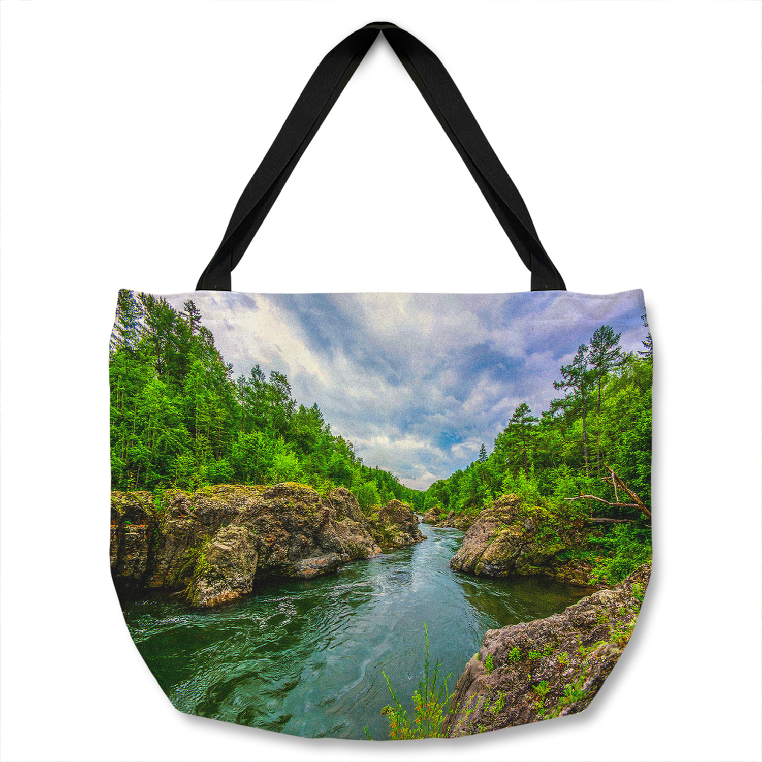 River in mountain forest landscape Designer Tote bag