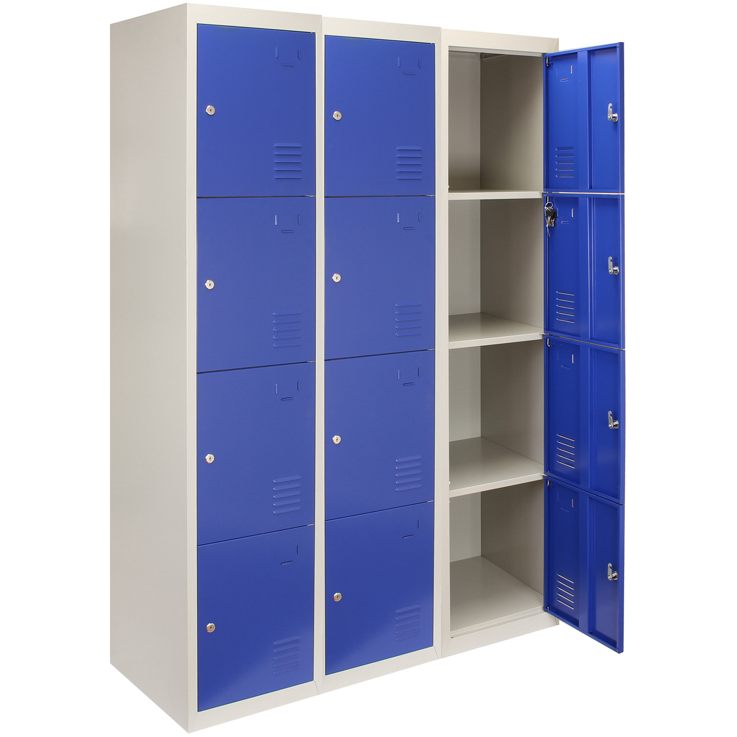 3 x Metal Storage Lockers - Four Doors, Blue - Flatpack