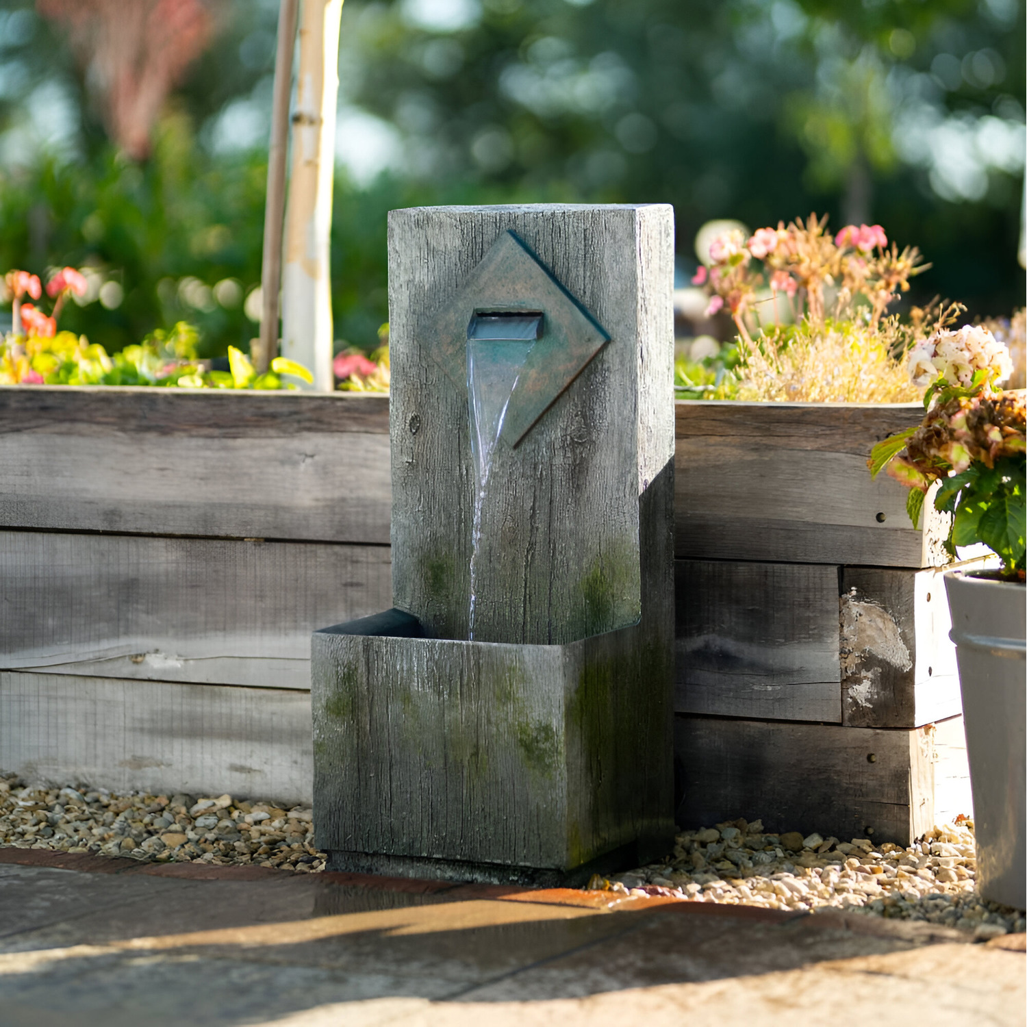 Rustic Wooden Wall and Basin Cascading Blade Water Feature