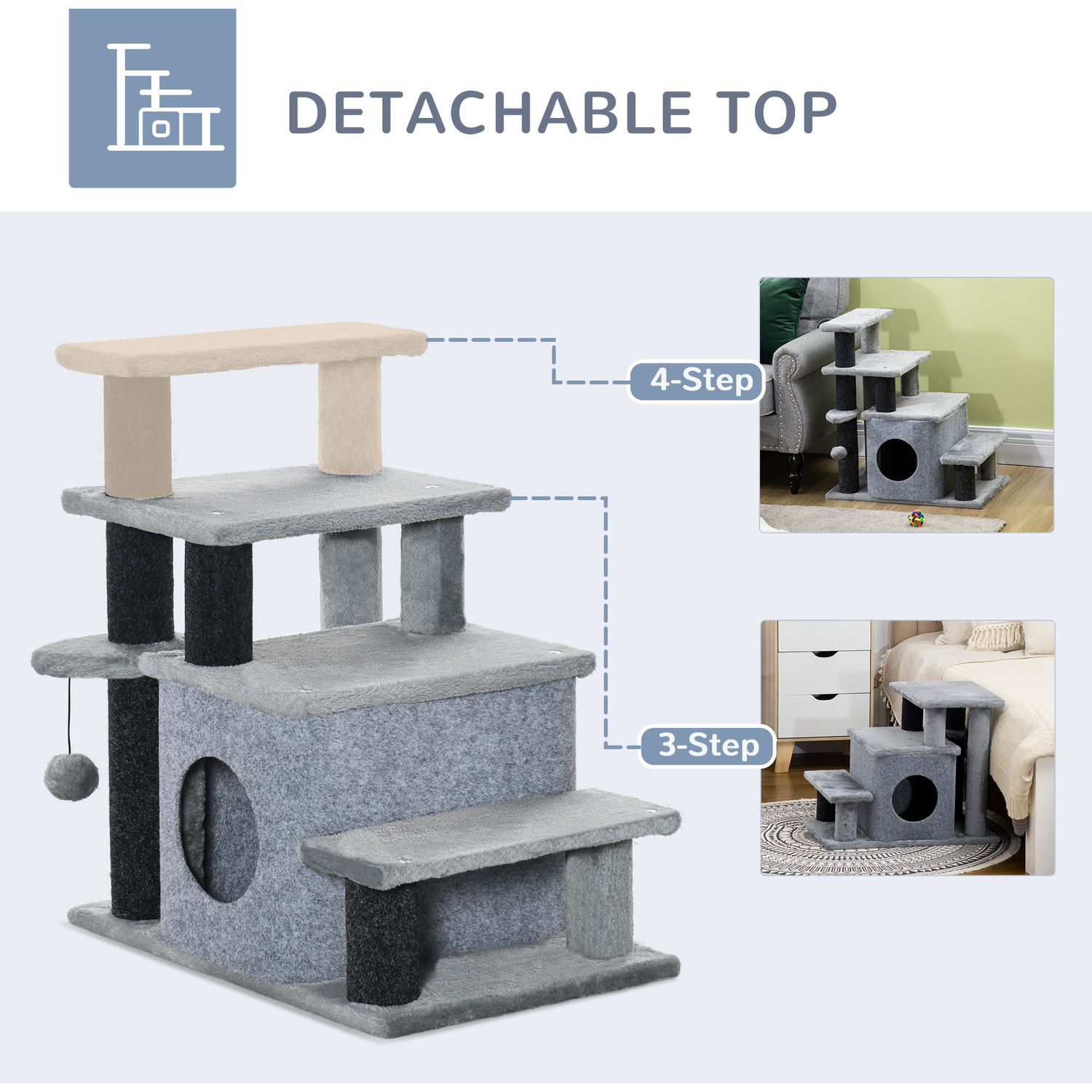 4-Step Cat Stairs for Bed, Cat House for Sofa