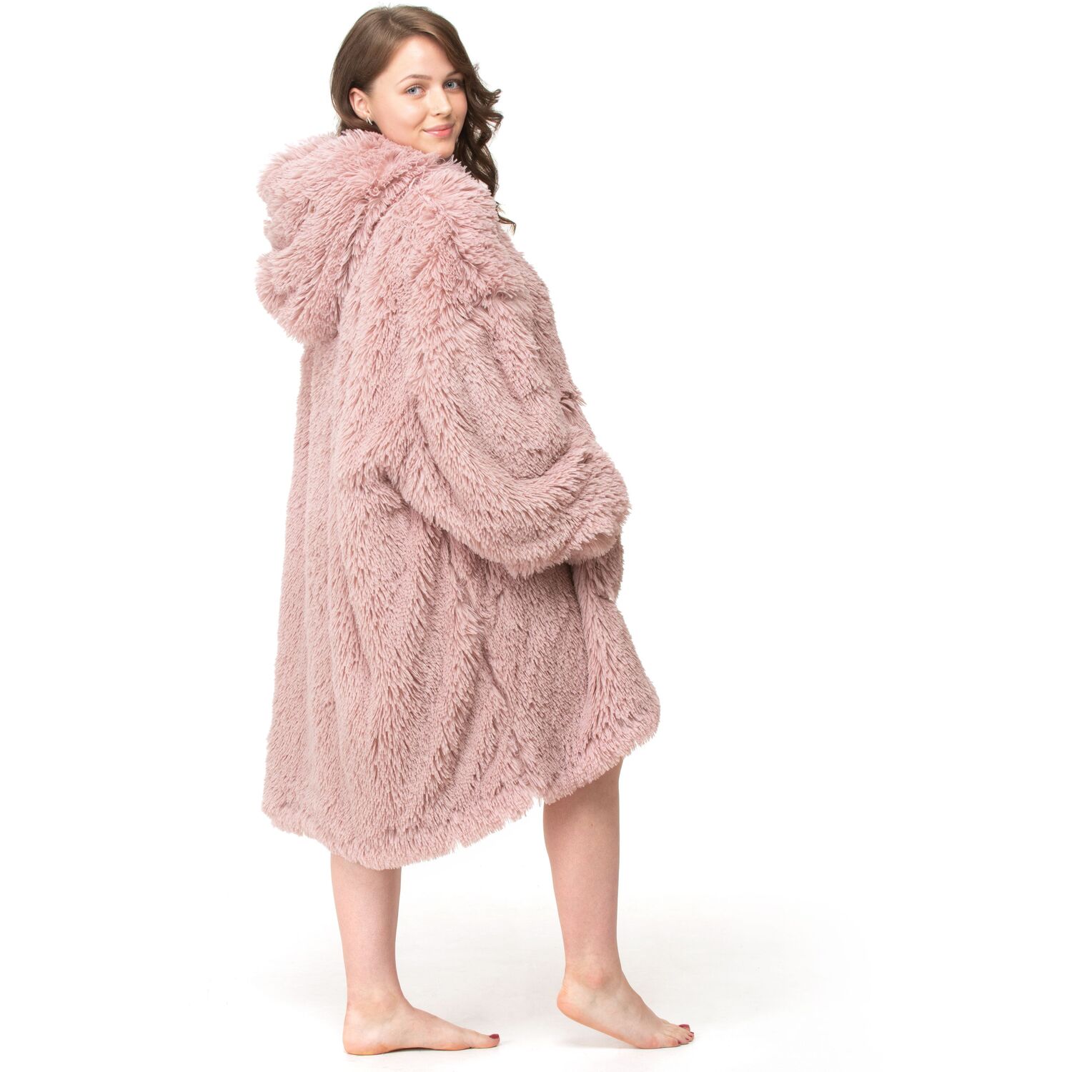Snug Oversize Faux Fur Shaggy Thermal Hoodie Blanket Cosy with Pocket