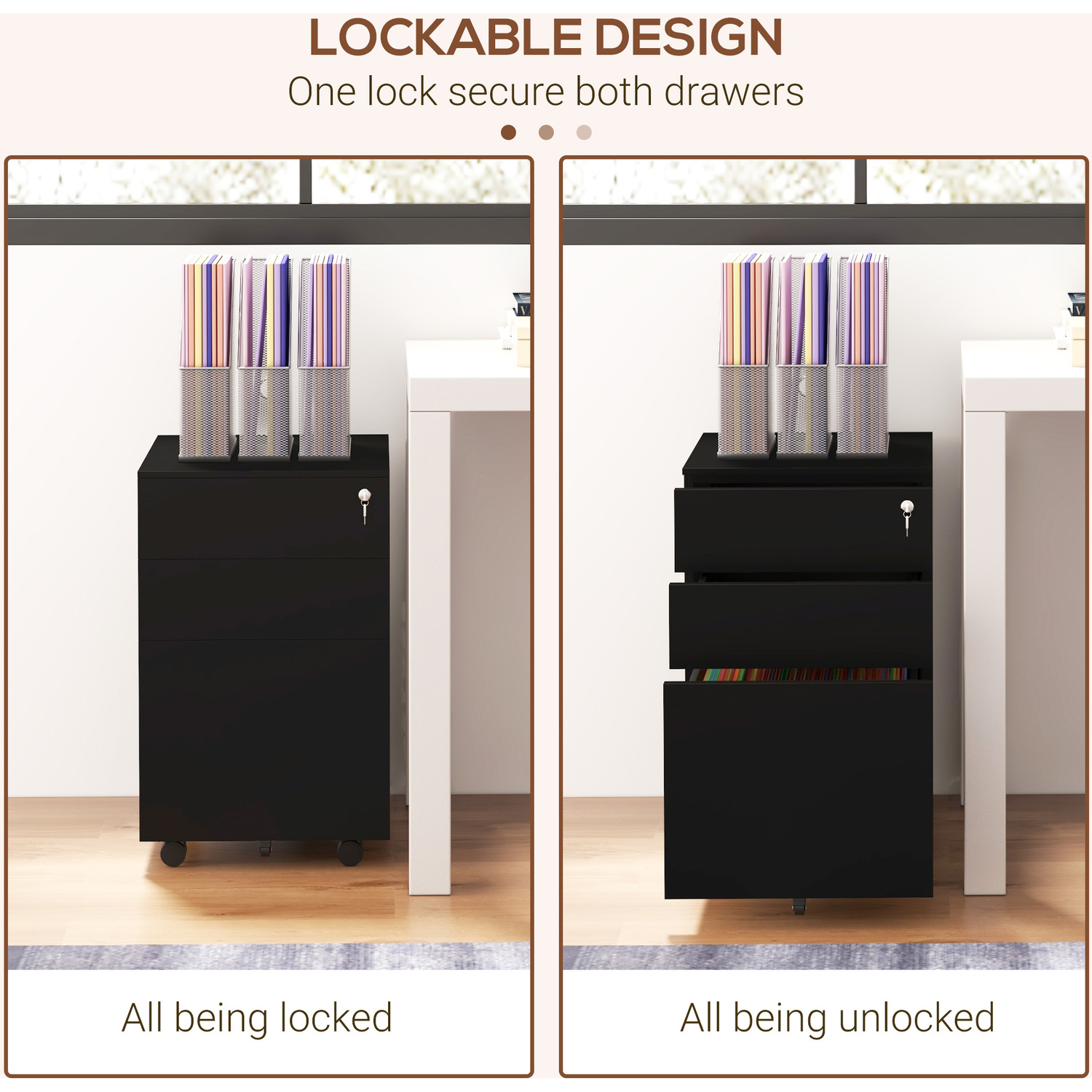 3 Drawer Mobile Filing Cabinet with Lock and Pencil Tray