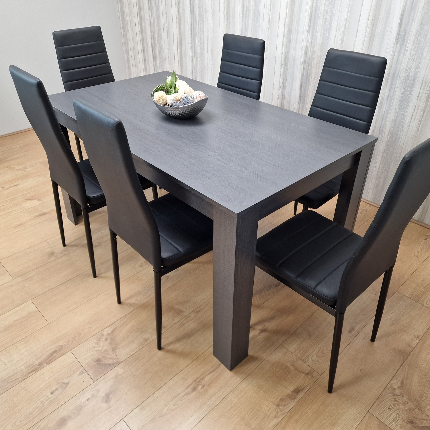 Dark Grey Dining Table Set with 4 Black Faux Leather Stitched Chairs