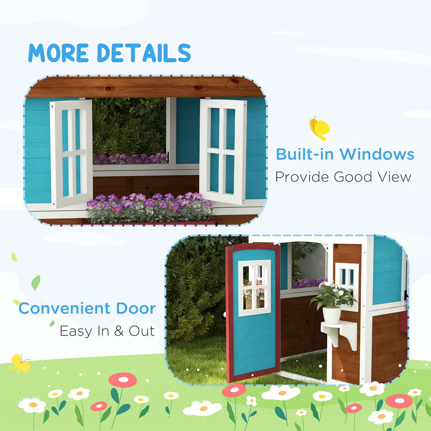 Outsunny Wooden Playhouse with Doors Windows for Ages 3 to 8 Years
