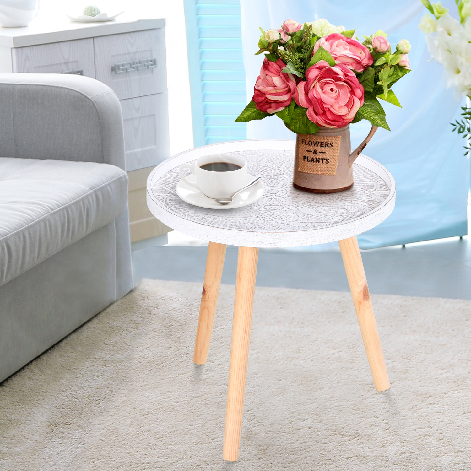HOMCOM Flower Eteched Side Table with Saucer Top