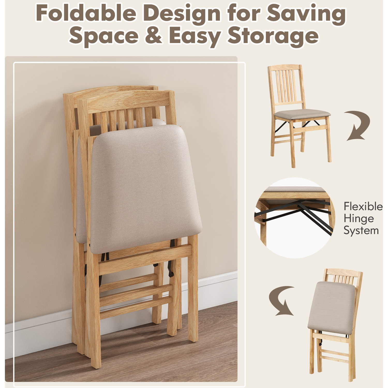 2 Pcs Folding Dining Chairs Set with Padded Seat