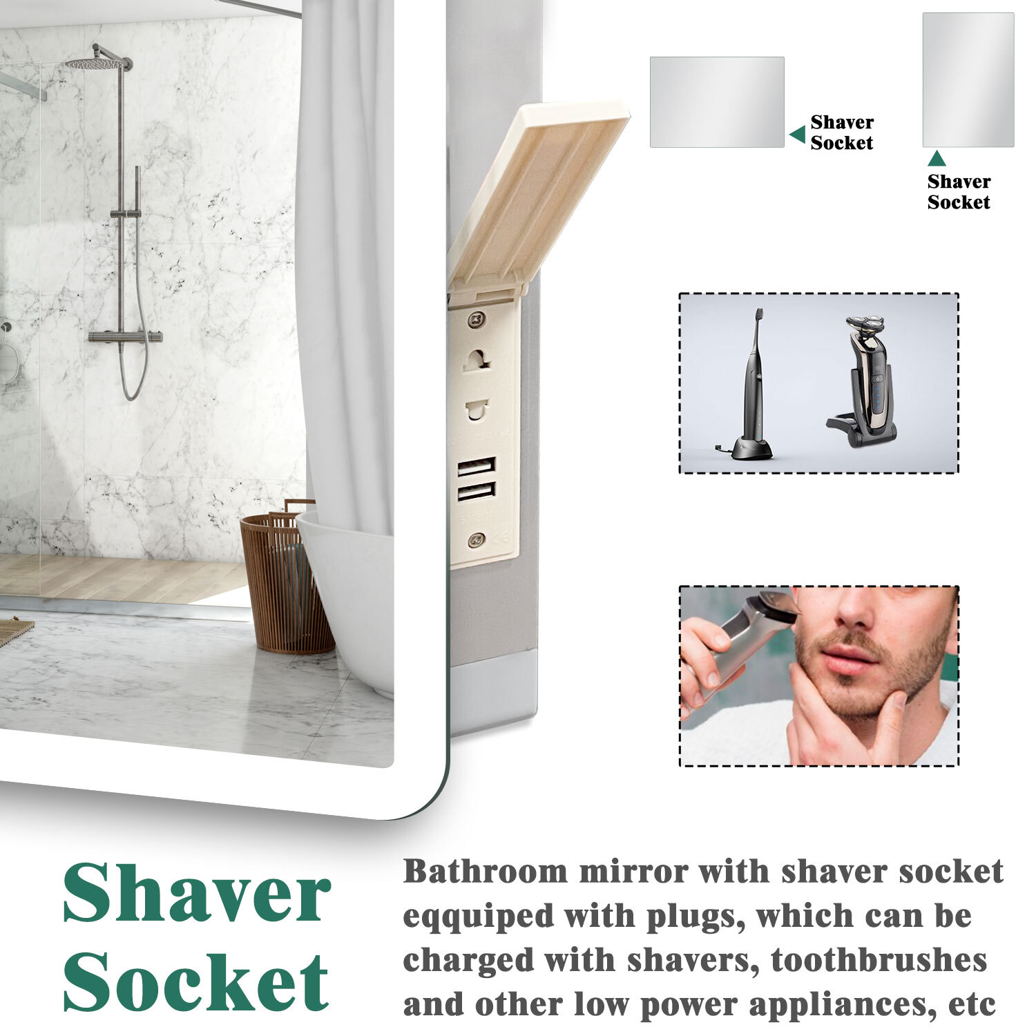 LED Bathroom Mirrors with Socket Bluetooth Dimmable 3 Colours